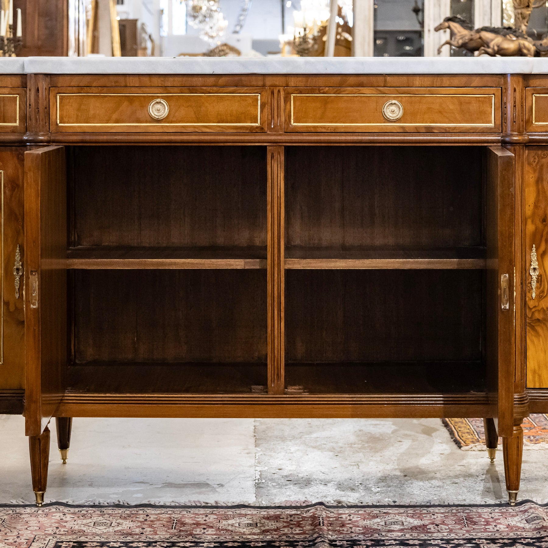Louis XVI Dark Burl Wood Demilune Sideboard With White Marble Top – Le ...