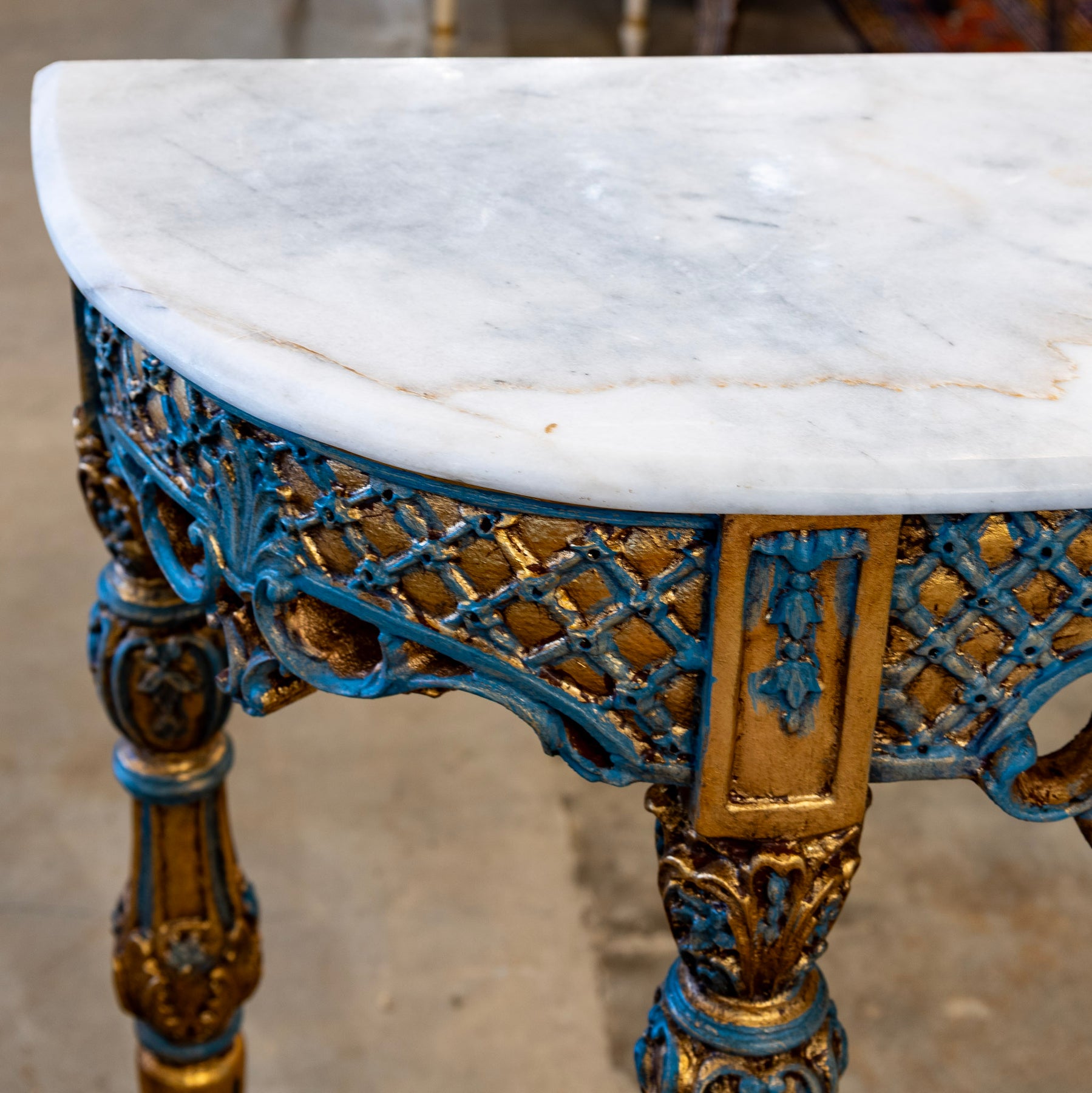 Louis XV Demilune Gilded Console Table – Blue Trim & White Marble Top ...