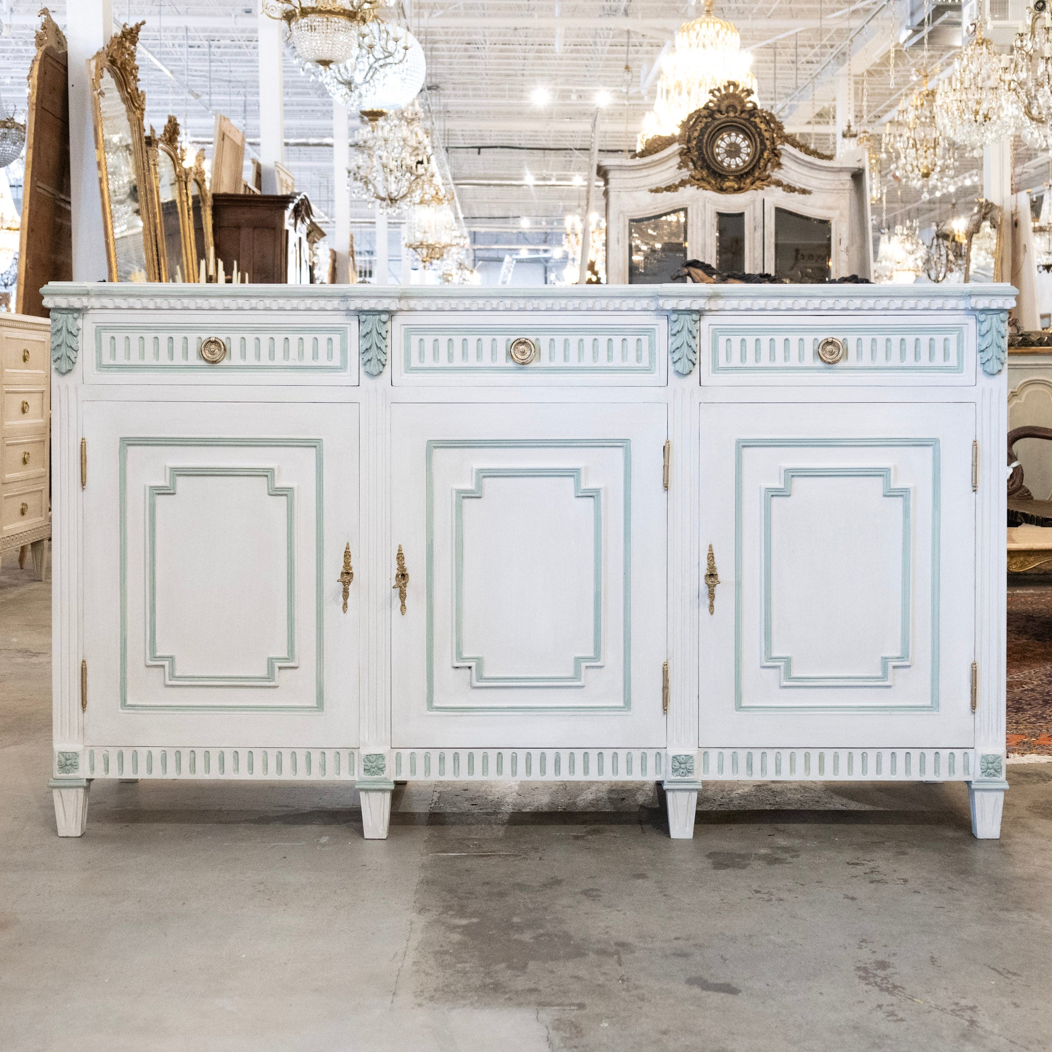 Swedish White Painted Sideboard with Blue Accents – Le Chateau