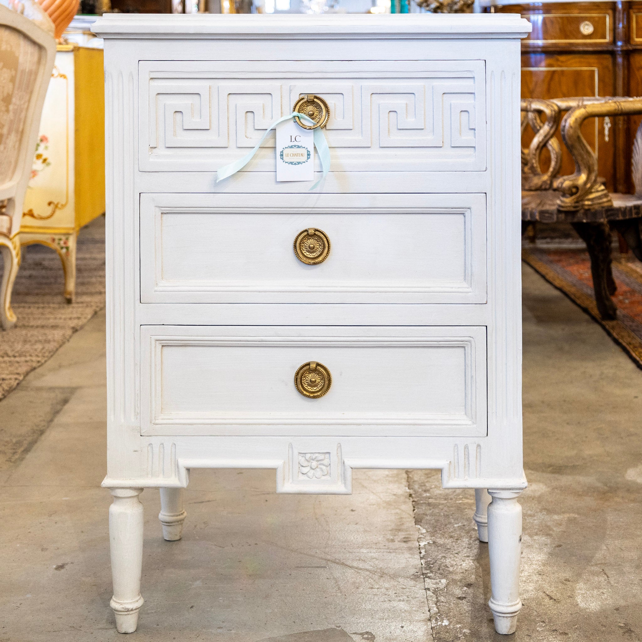 Swedish 3-Drawer Nightstand – Greek Key Trim & Rounded Legs in White ...