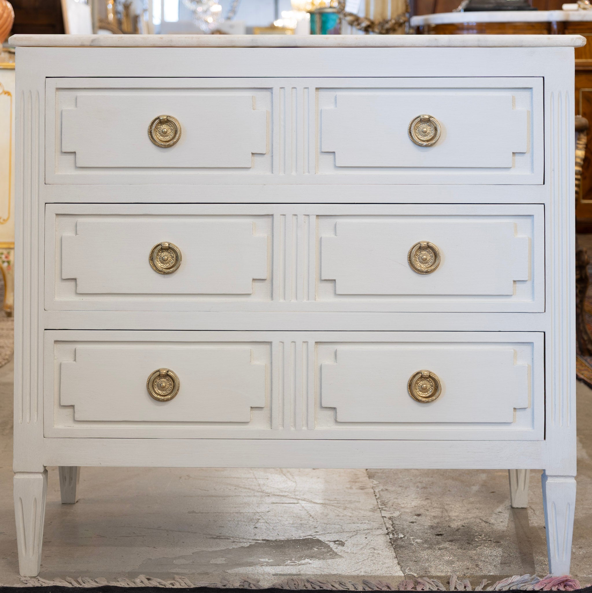 Swedish 3-Drawer Dresser – Carved Block Fronts & Marble Top in Dove Wh ...