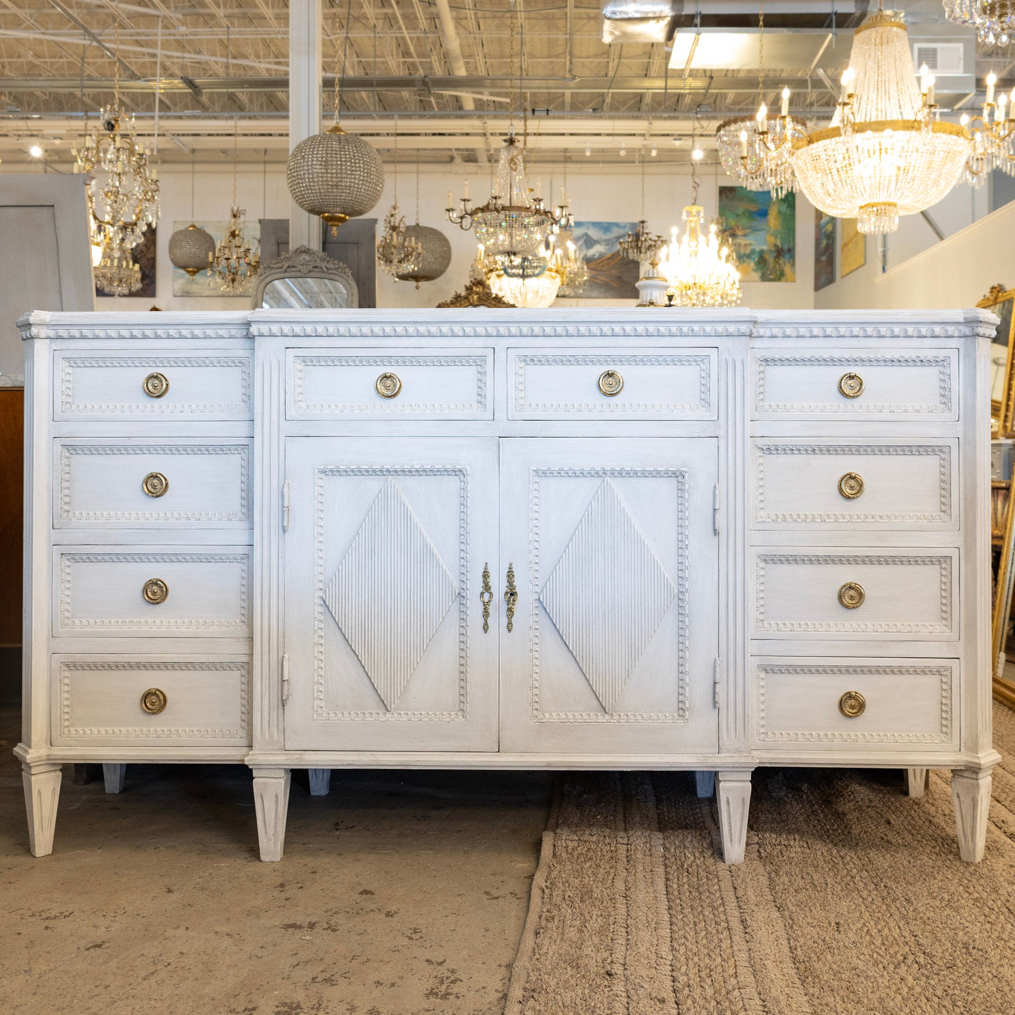 Swedish Diamond Front Buffet – Reeded Trim in Antique White – Le Chateau