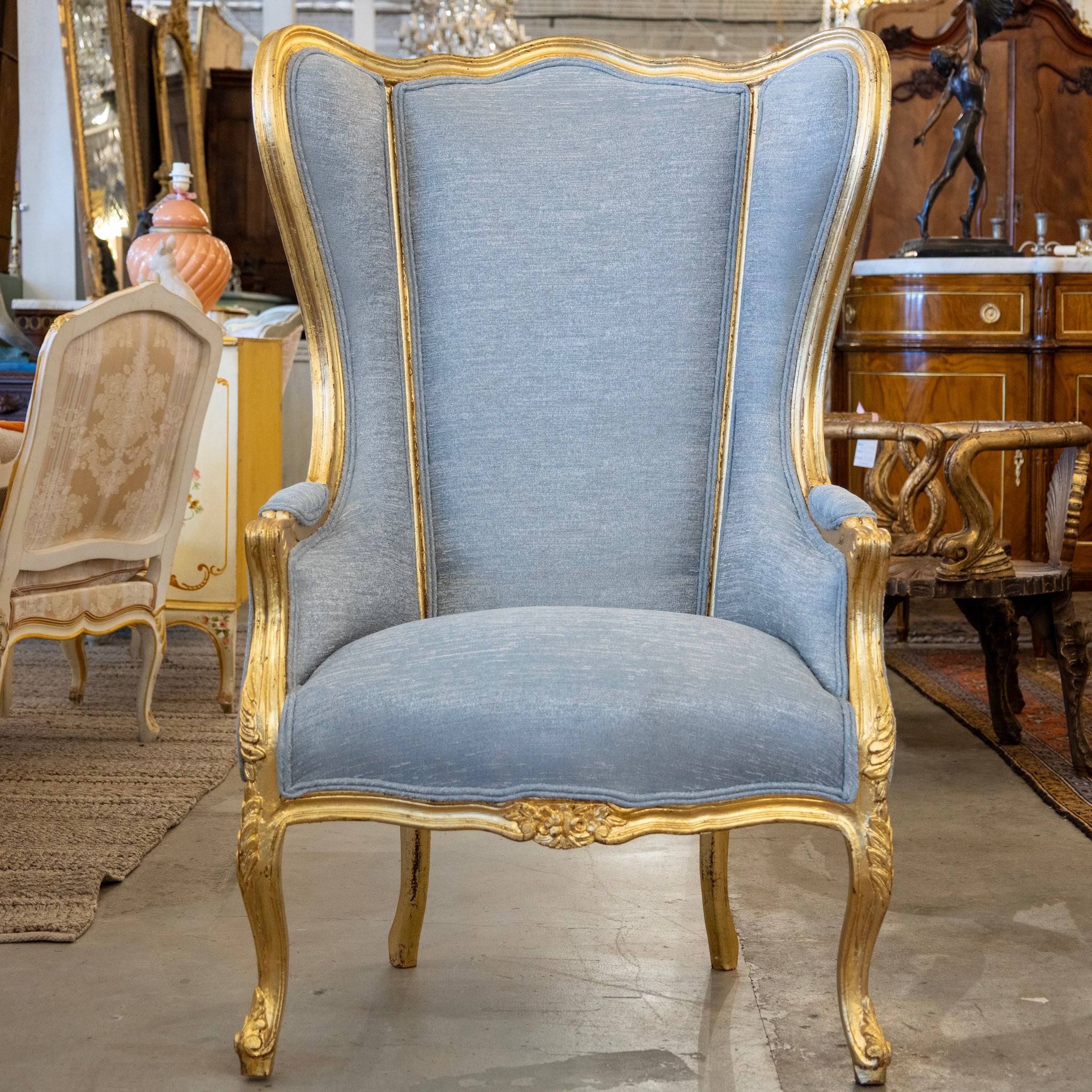 Pair of Louis XV Wingback Bergère Chair – Gilded Frame & Blue Upholste ...
