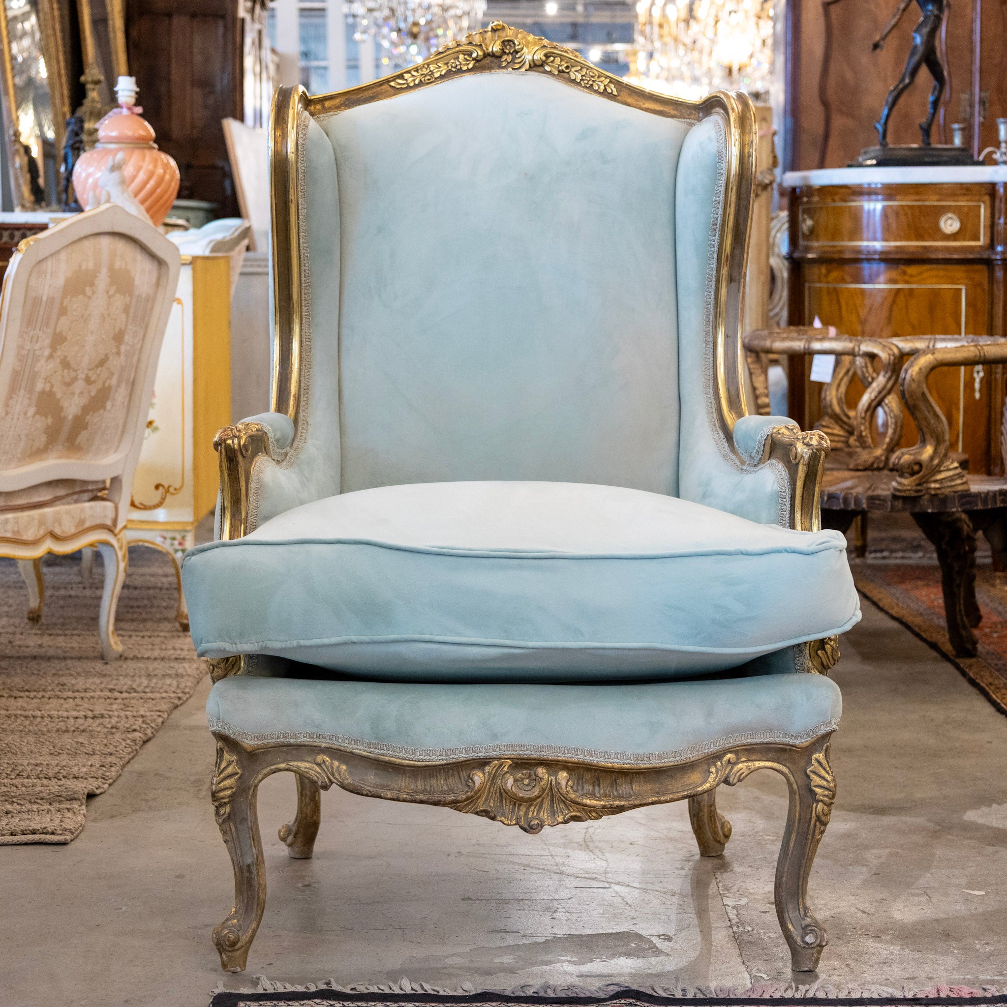 Louis XV Wingback Bergère Chair in Blue – Gilded Frame & Plush Cushion ...