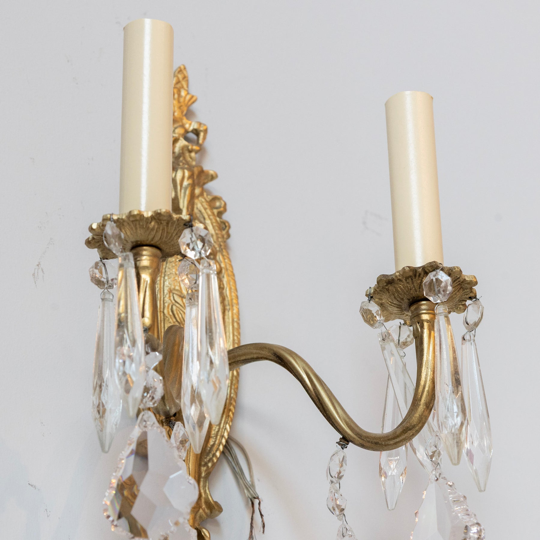 Pair of Petite French Brass Wall Sconces - Oval Backplate & Crystal Dr ...