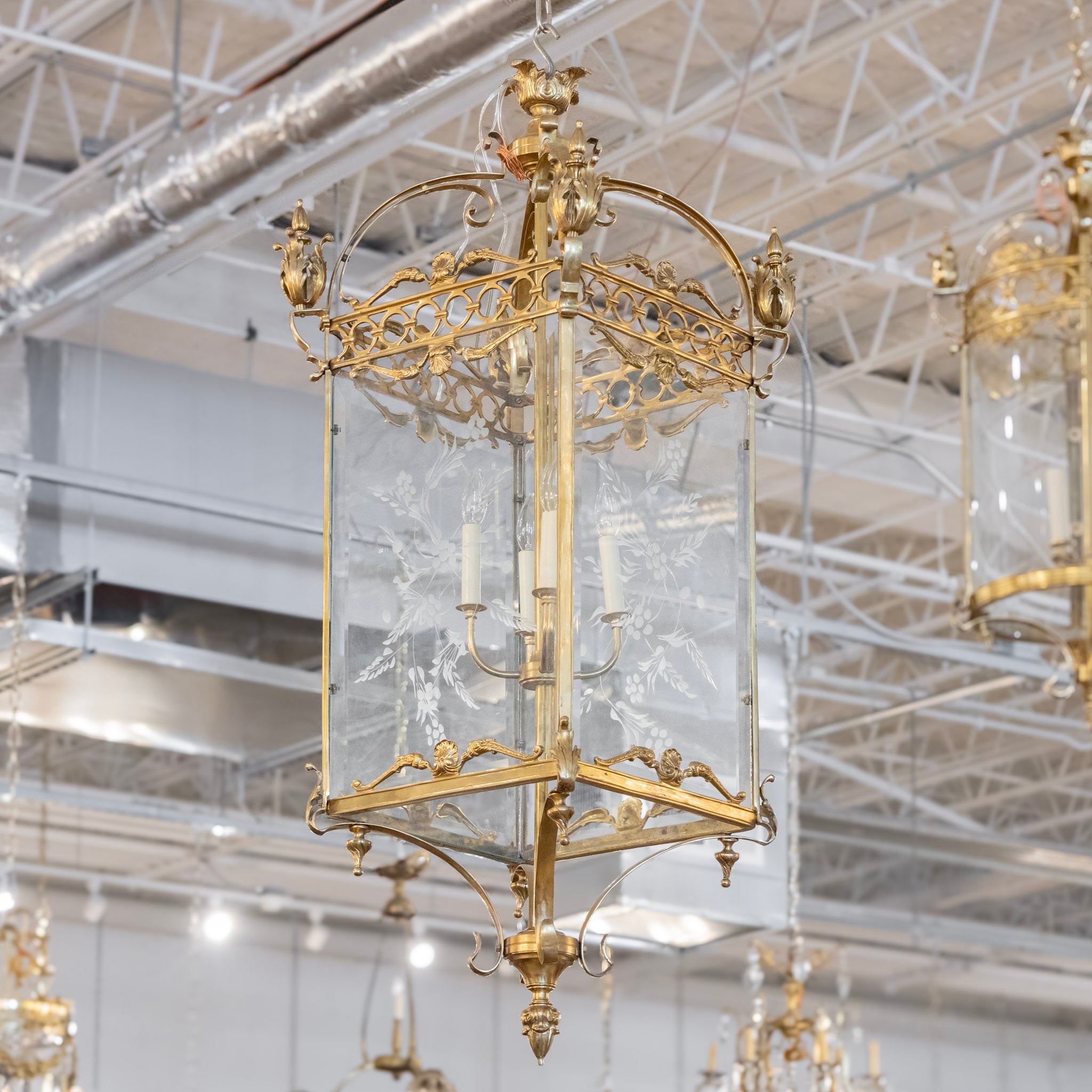 French Lantern Brass Chandelier – Etched Glass & Shell Crest – Le Chateau