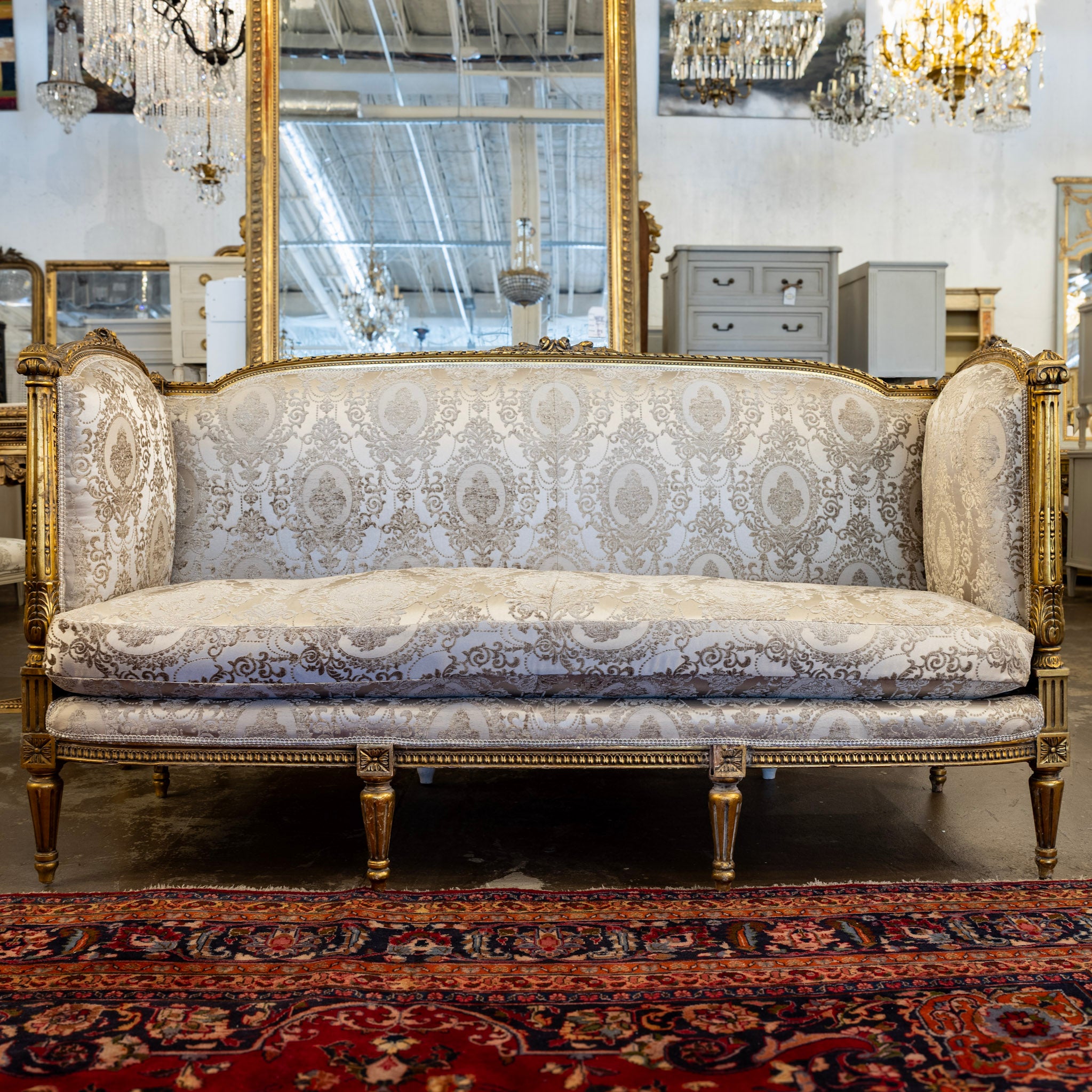 Louis XVI Sofa – Gilded with Damask Upholstery – Le Chateau