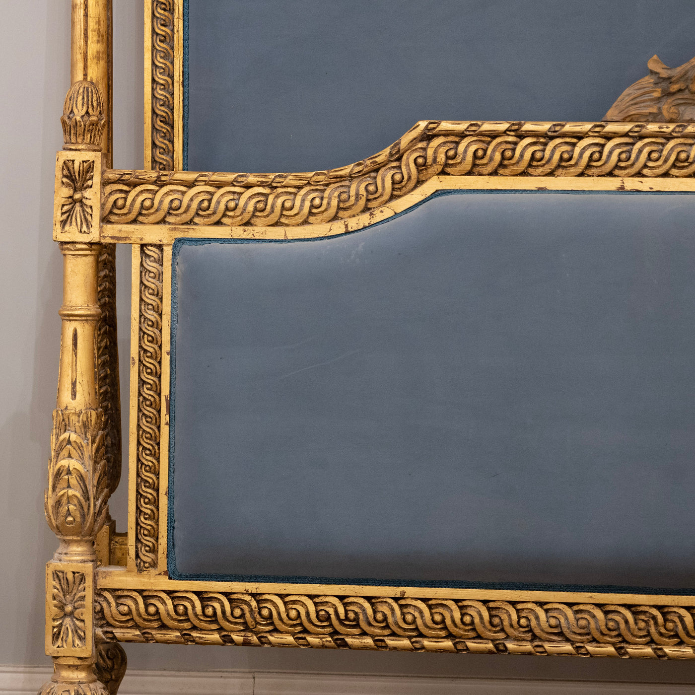 Louis XVI Gilded Queen Bed Set with Carved Trim – Blue Velvet Upholste ...