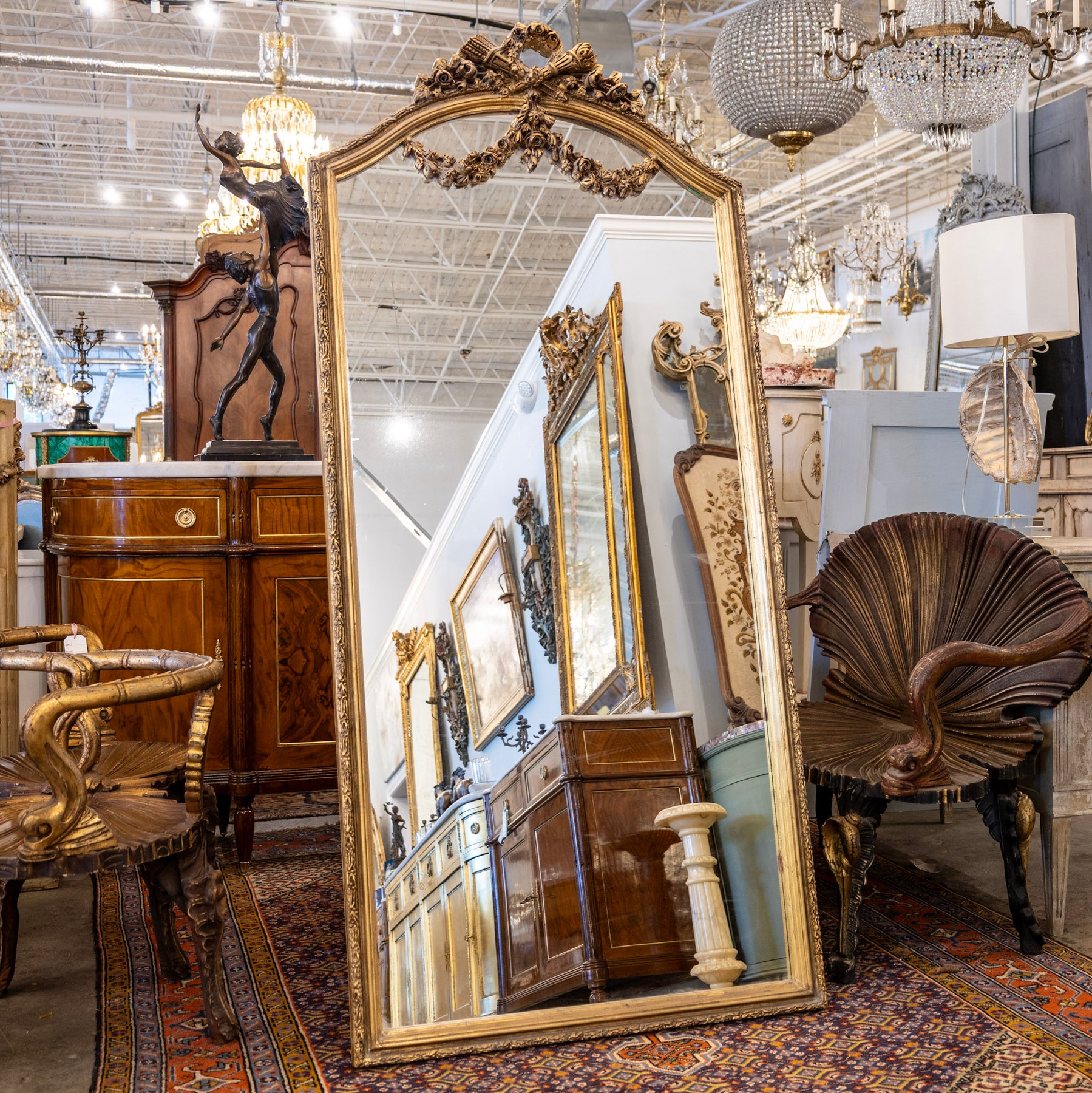 Louis XVI Floor Mirror – Carved Crest & Gold Finish – Le Chateau