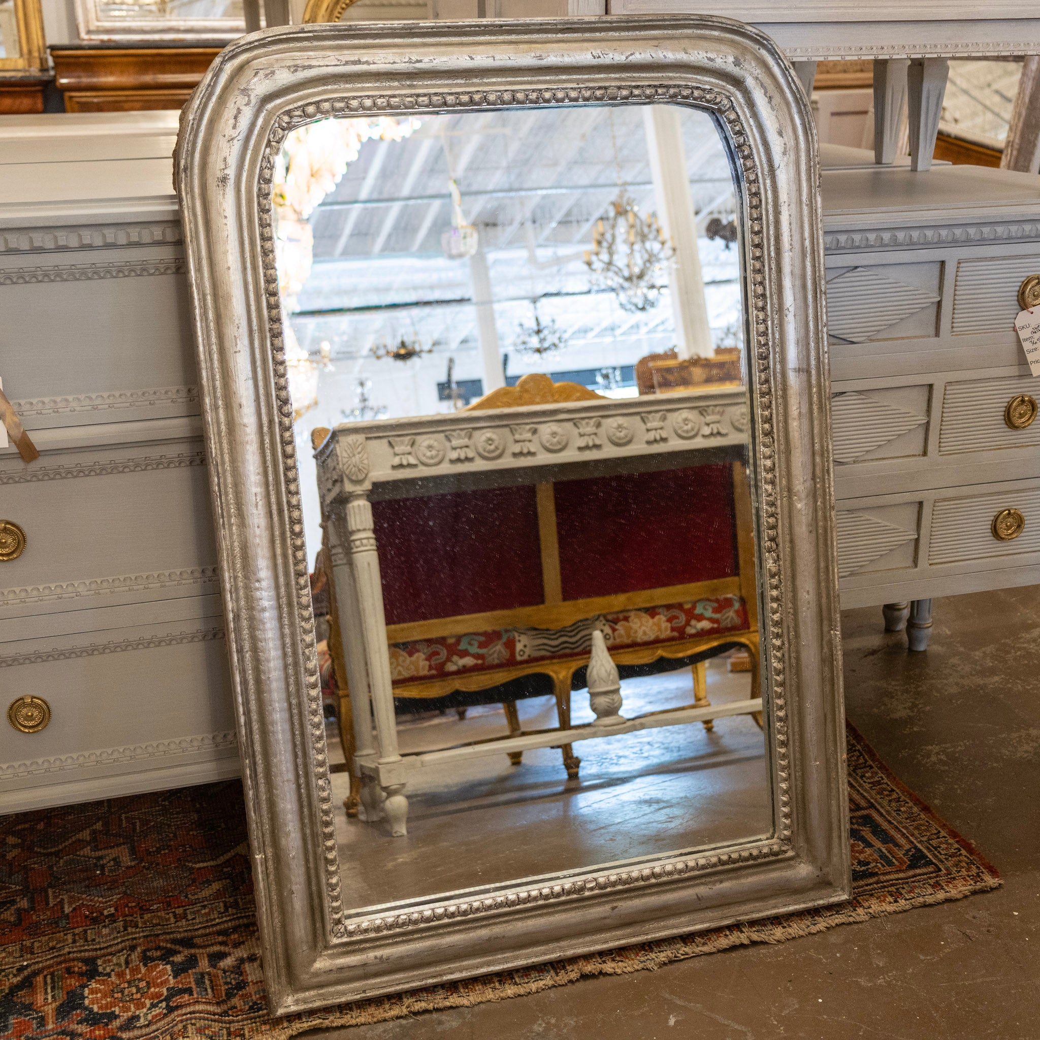 Louis Philippe Silver Gilded Mirror – Beaded Trim – Le Chateau