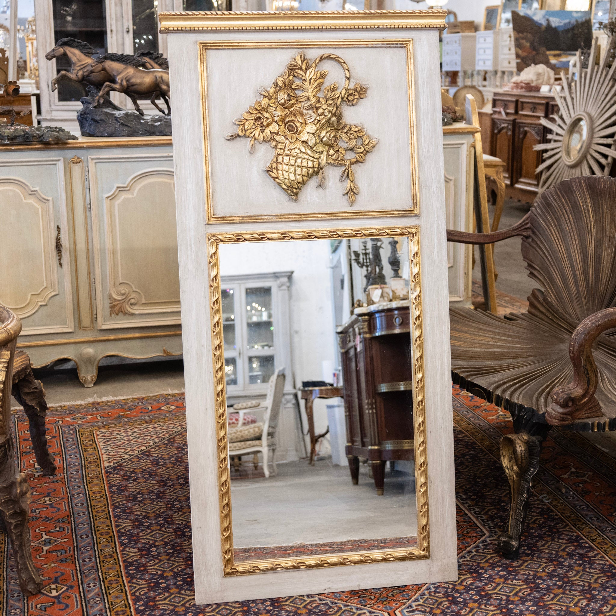 Louis XVI White Trumeau Mirror – Carved Floral Basket Crest – Le Chateau