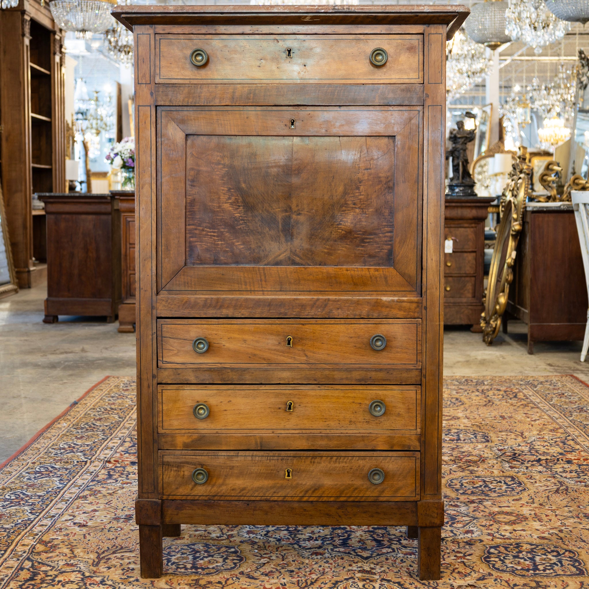 Louis XVI Wood Secretary Desk – Drop Front Drawers with Rosy-Brown Mar ...