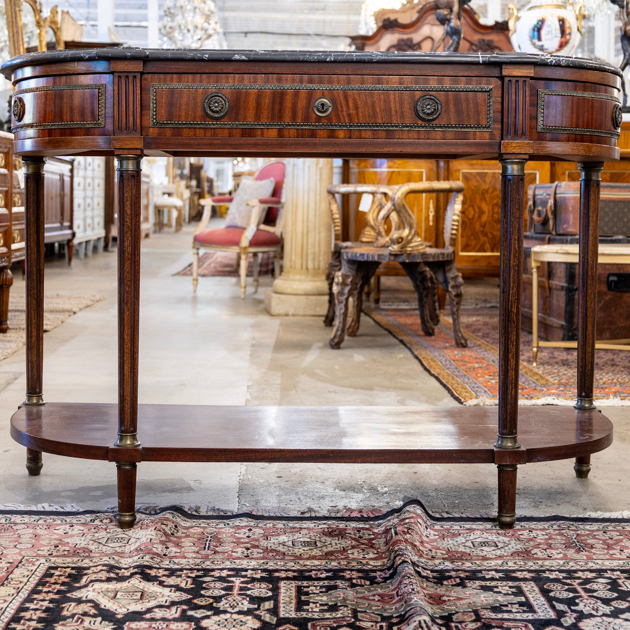 Louis XVI Demilune Console Table – Black Marble Top & Bronze Pulls – Le ...