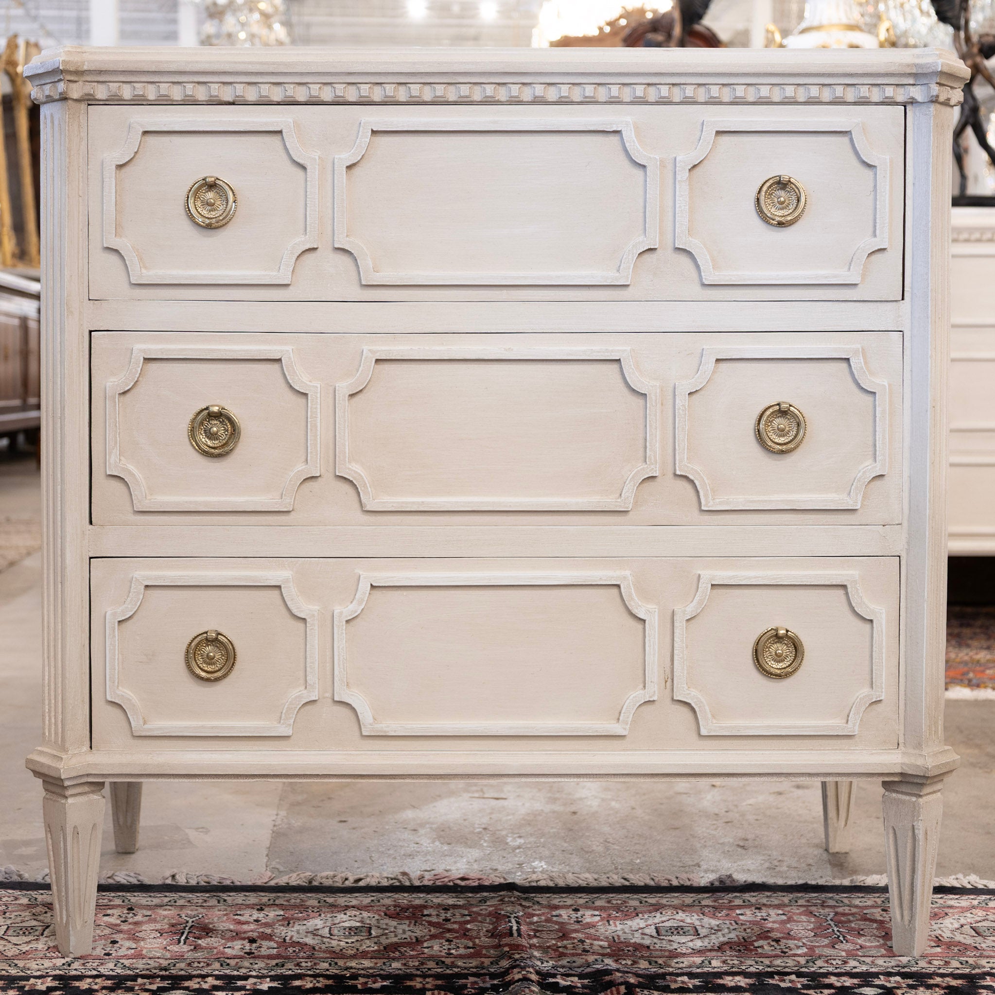 Swedish 3-Drawer Chest – Canted Corners & Open Geometric Trim in Antiq ...
