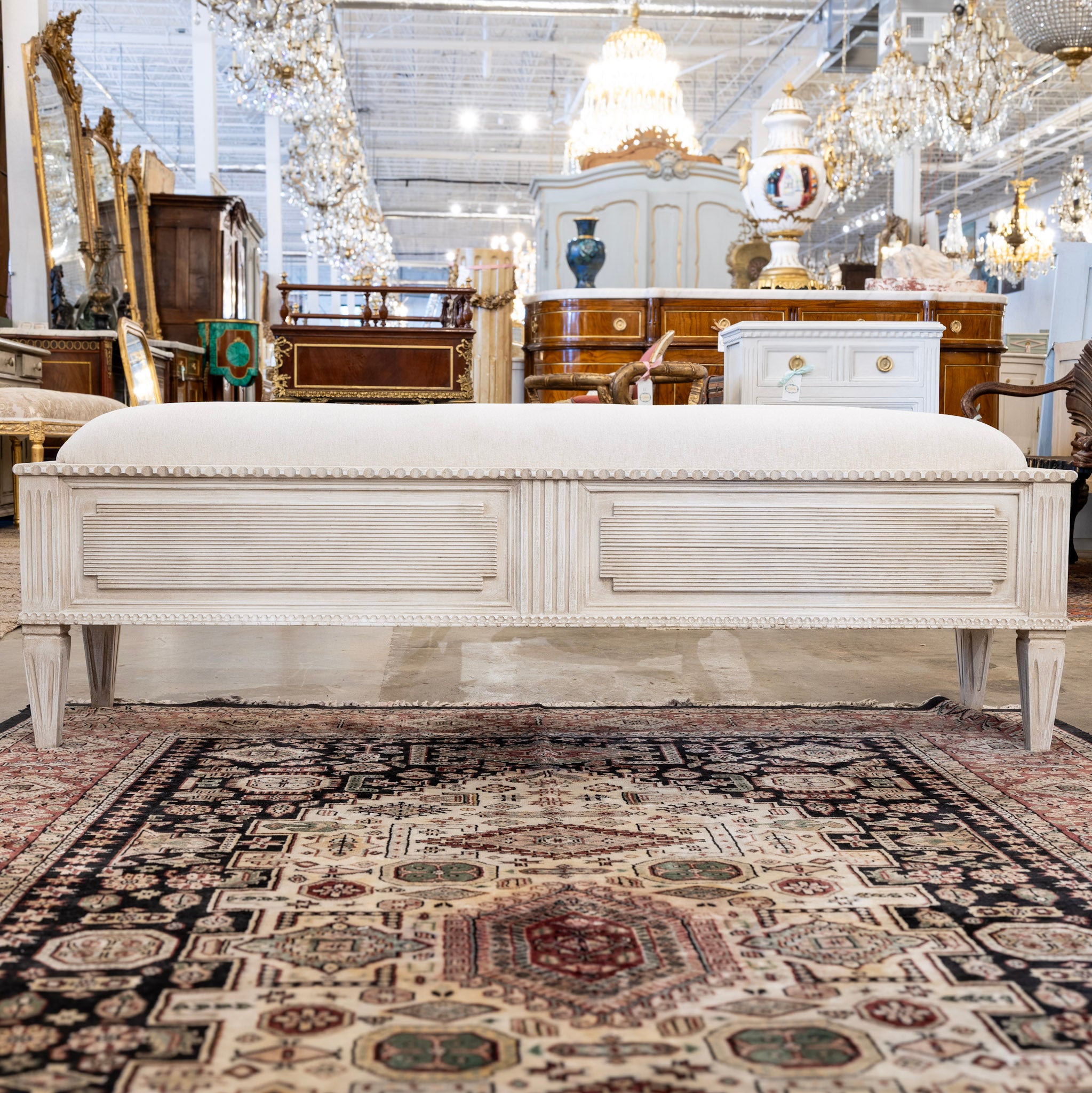 Swedish White Bench – Reeded Panels & Linen Upholstery – Le Chateau