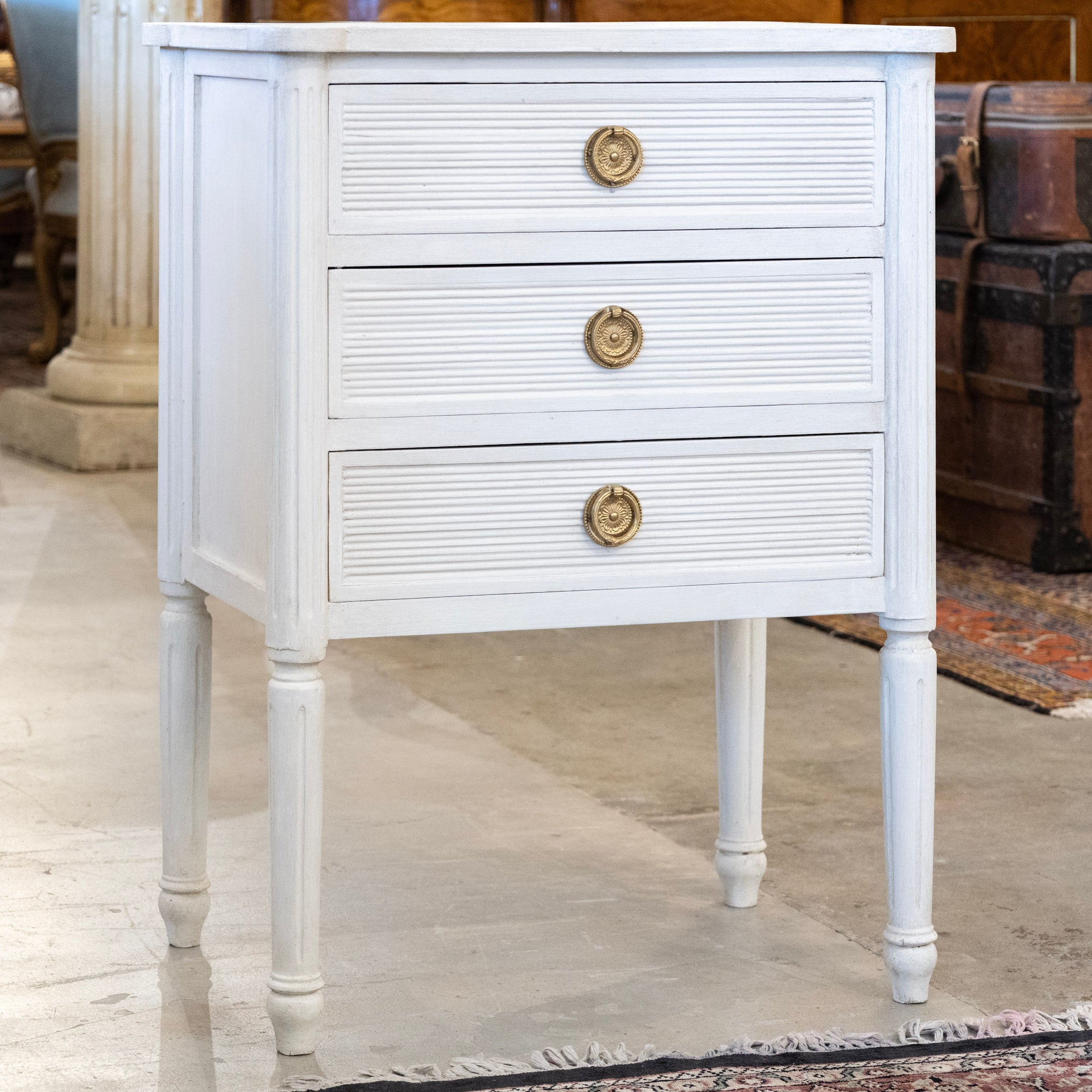 Swedish 3-Drawer Nightstand – Reeded Drawers & Tall Rounded Legs in Wh ...