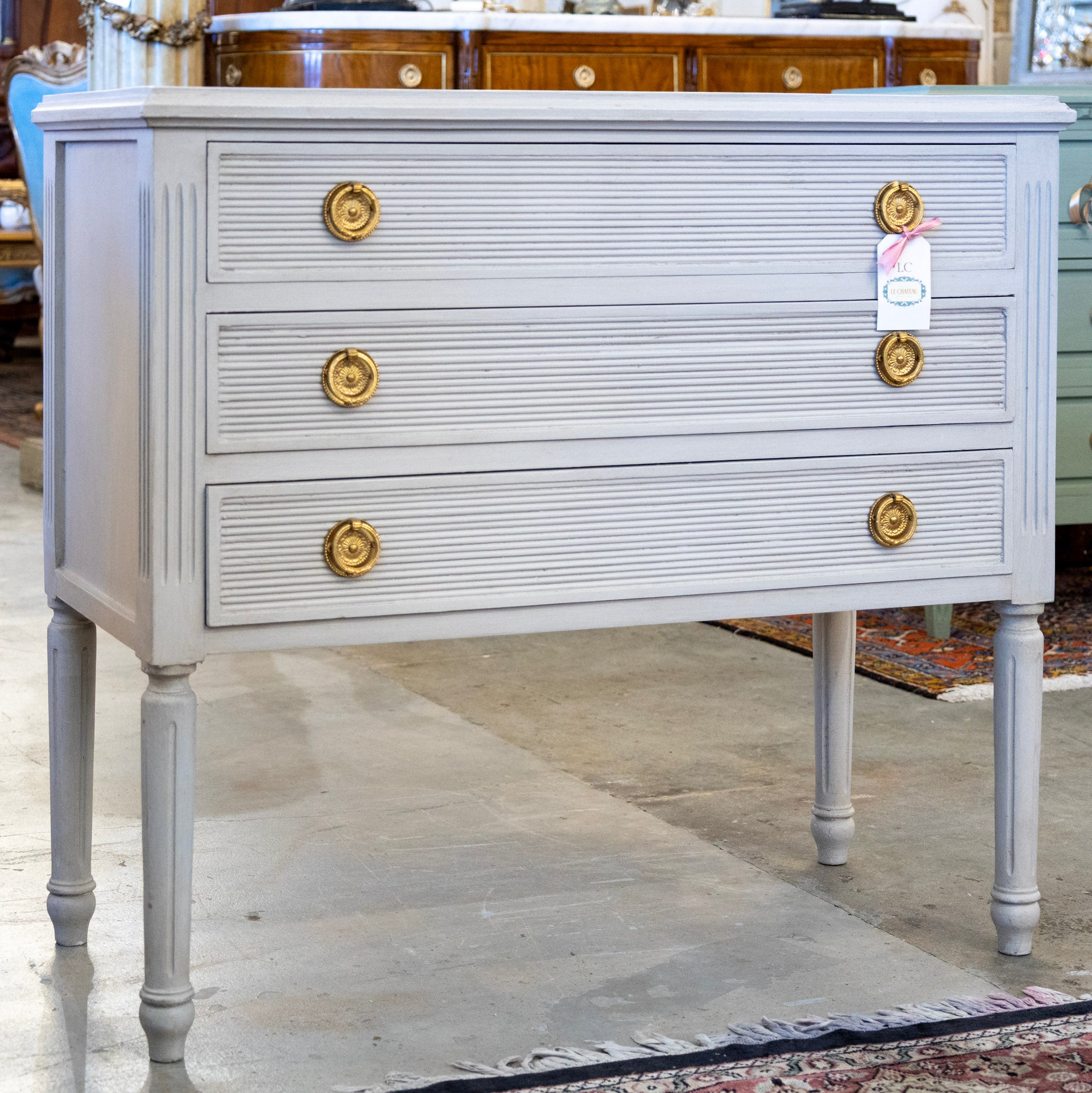 Swedish 3-Drawer Nightstand – Reeded Drawers & Tall Fluted Legs in Fre ...