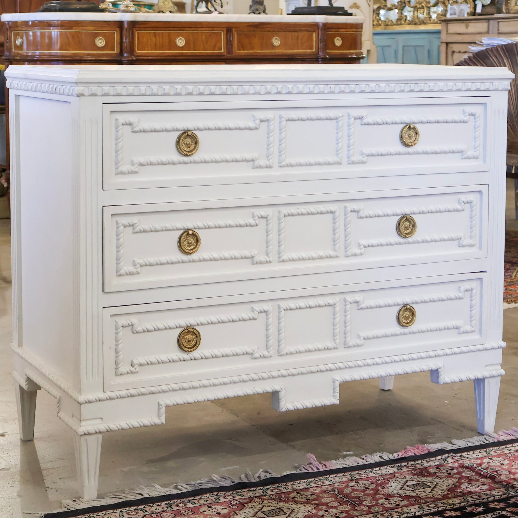 Swedish 3-Drawer Chest – Open Block Rope Carved Trim – Le Chateau