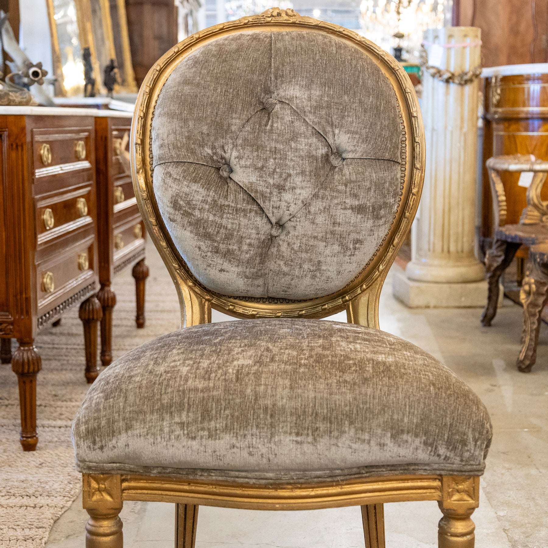 Louis XVI Round Dining Chair – Gold Frame & Green Velvet and Floral Up ...