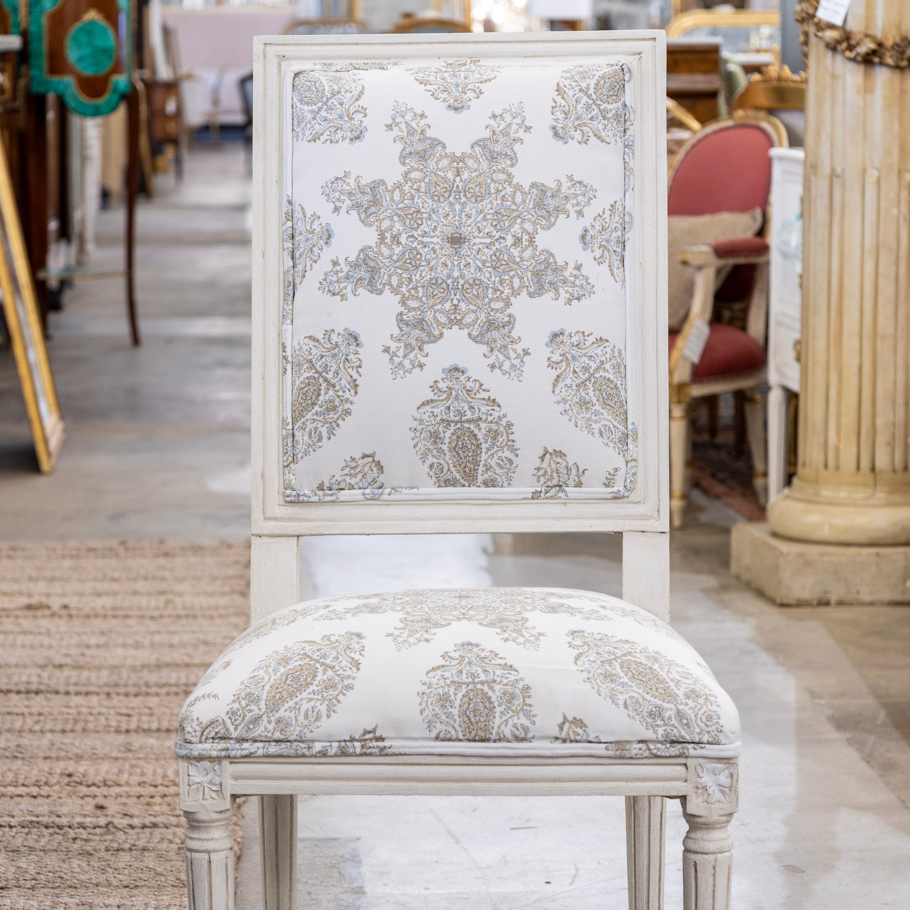 Louis XVI Square Dining Chair – White Frame & Paisley Upholstery – Le ...