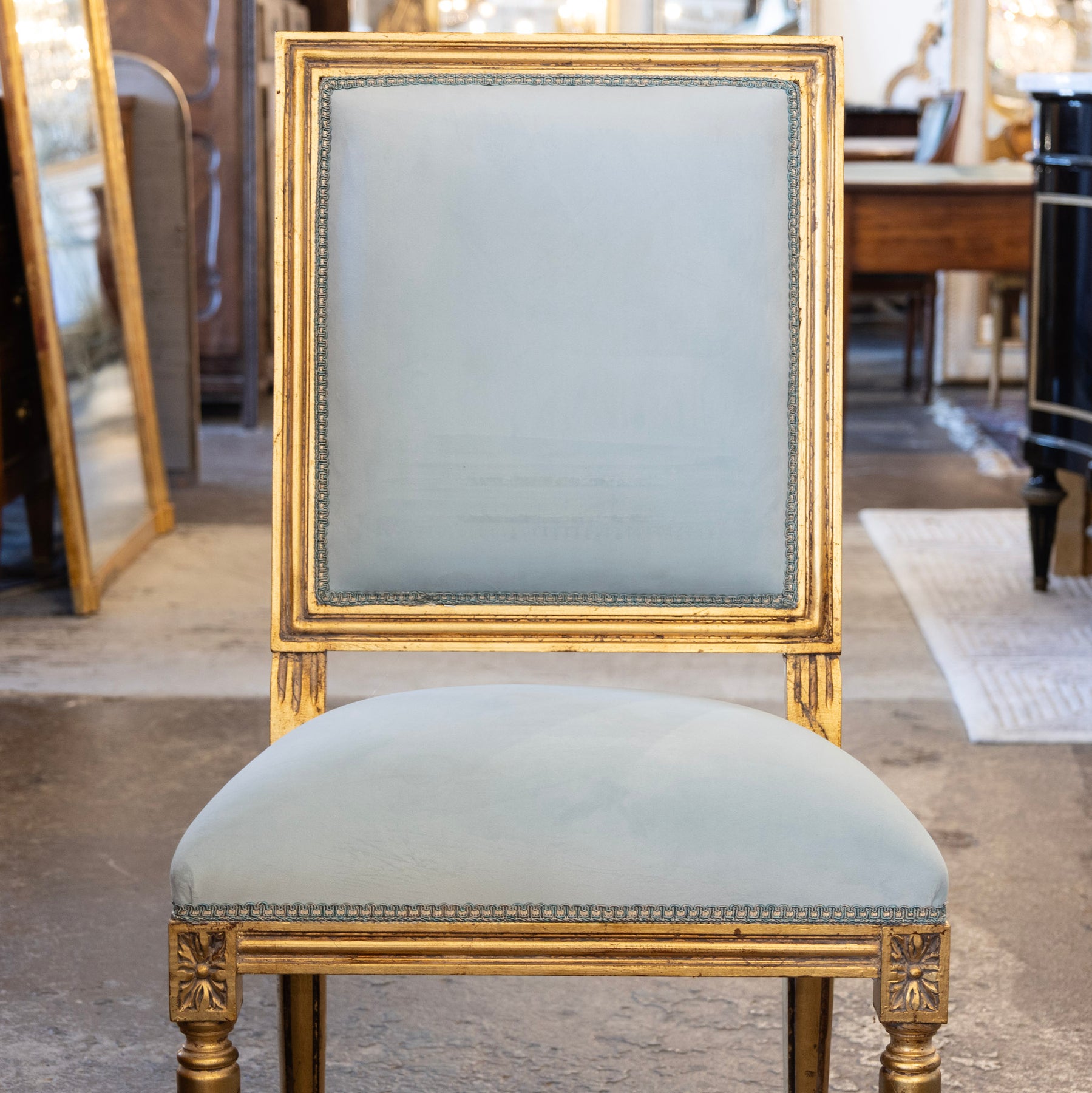 Louis XVI Square Gilded Dining Chair – Blue Velvet Upholstery – Le Chateau