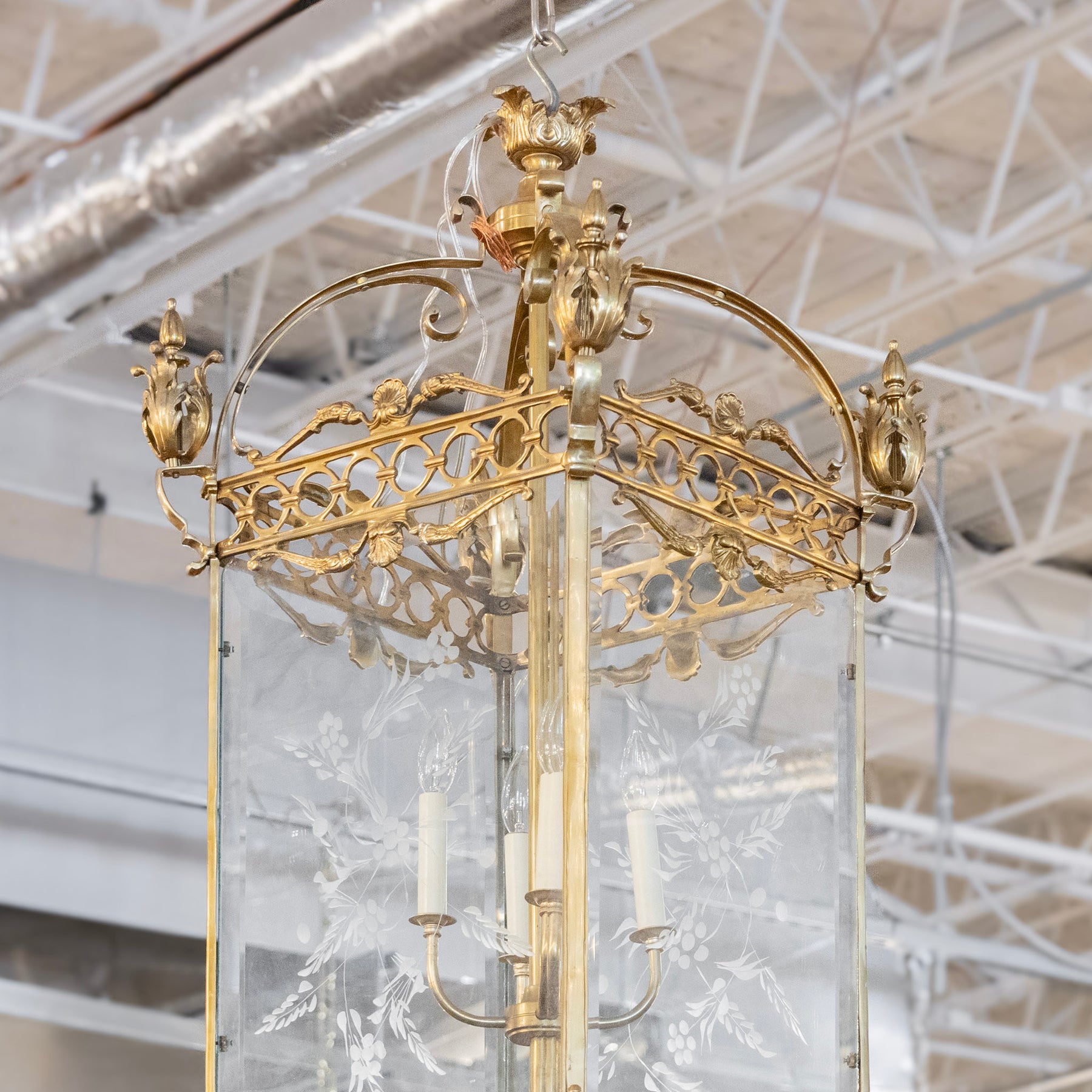 French Lantern Brass Chandelier – Etched Glass & Shell Crest – Le Chateau