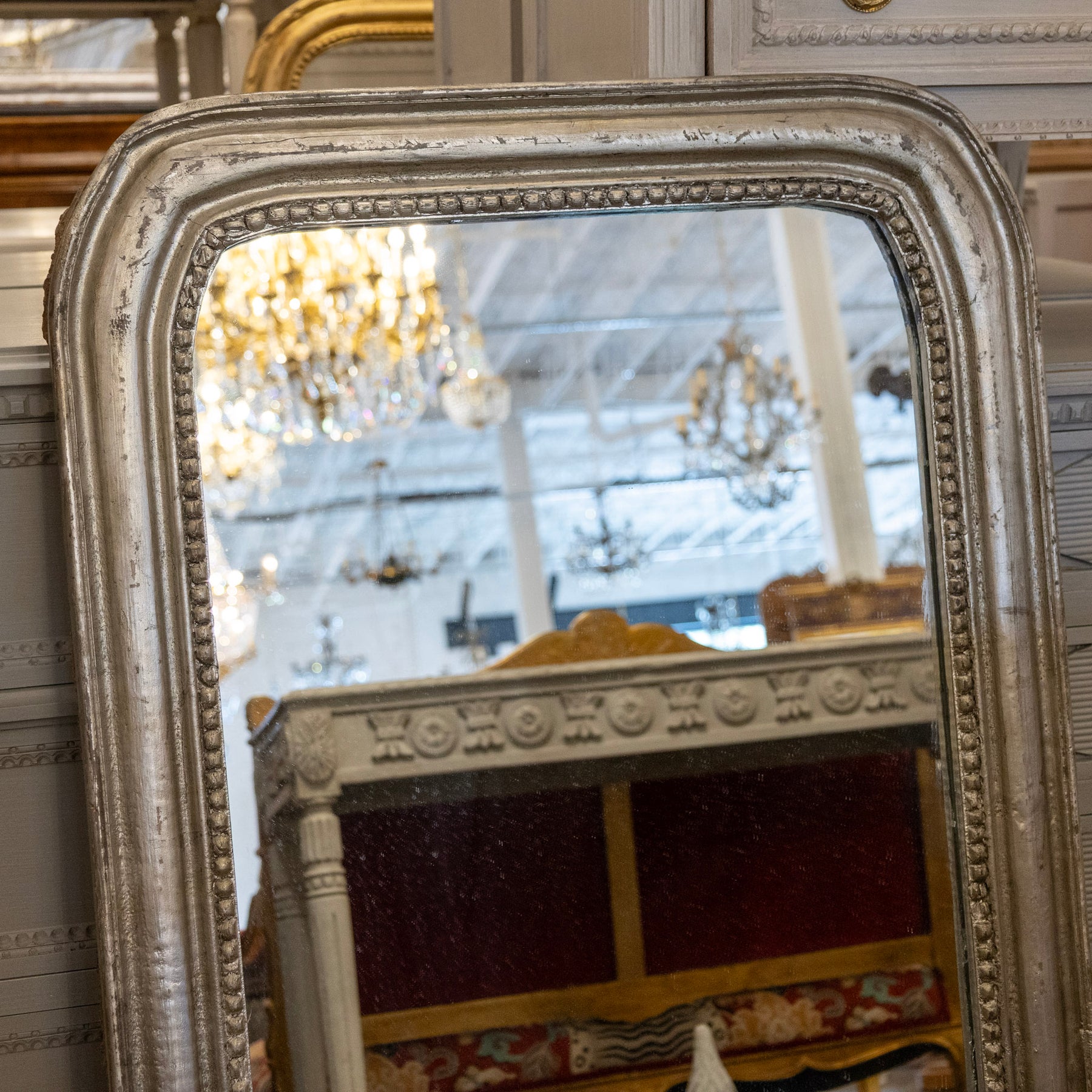 Louis Philippe Silver Gilded Mirror – Beaded Trim – Le Chateau