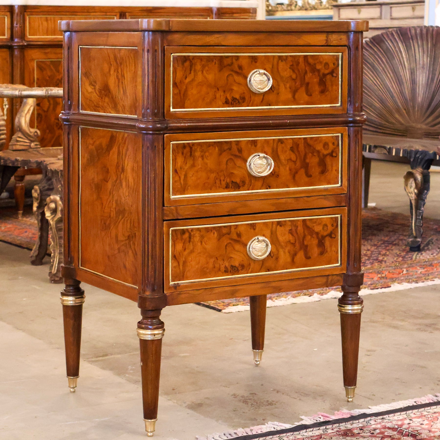 Louis XVI Burl Wood Nightstand – Gilded Trim & Fluted Legs – Le Chateau