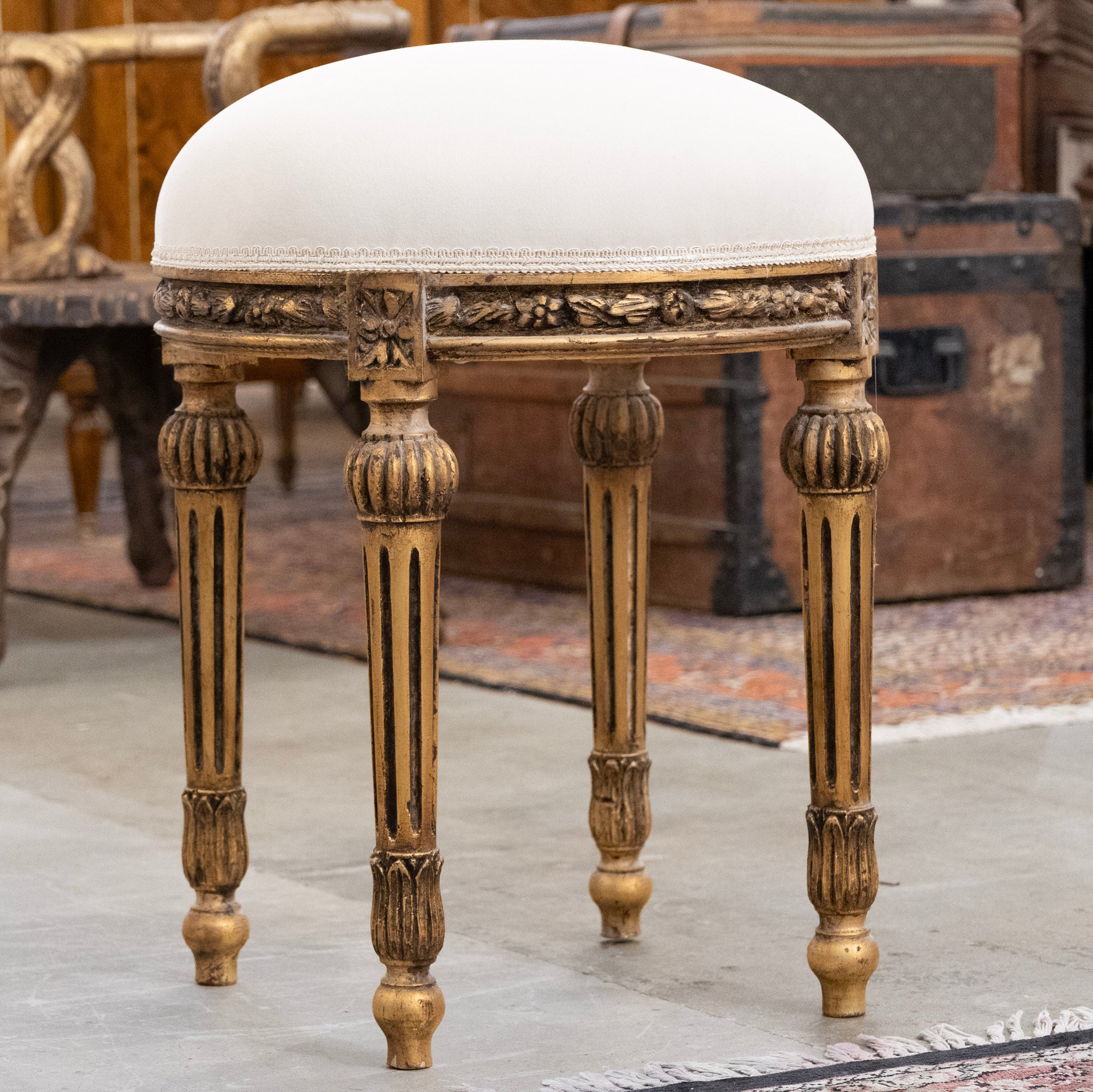 Louis XVI Carved Gold Stool – White Velvet Upholstery & Ballerina Legs ...