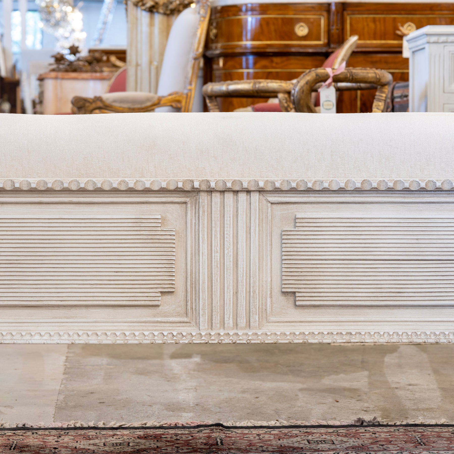 Swedish White Bench – Reeded Panels & Linen Upholstery – Le Chateau