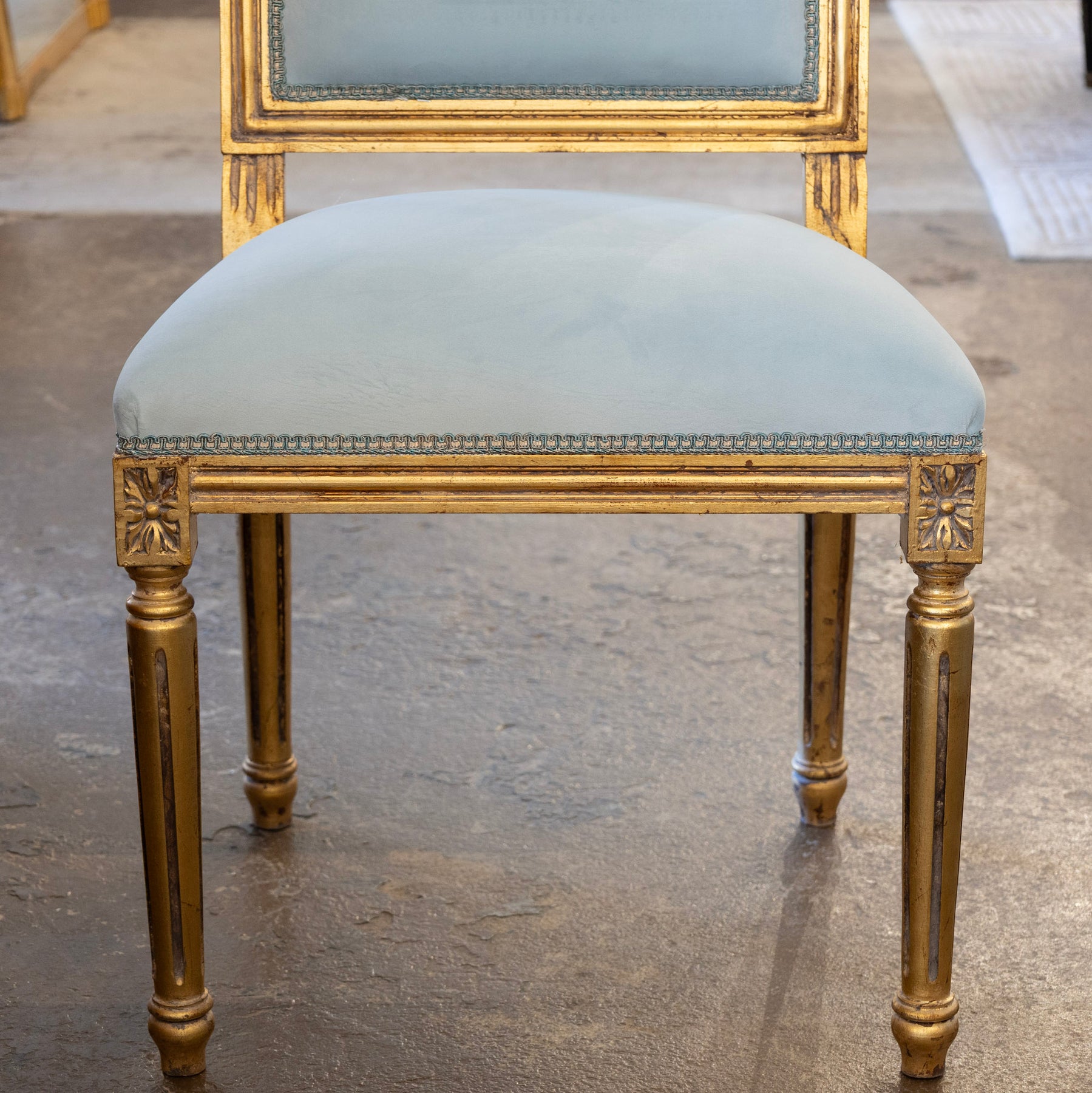 Louis XVI Square Gilded Dining Chair – Blue Velvet Upholstery – Le Chateau
