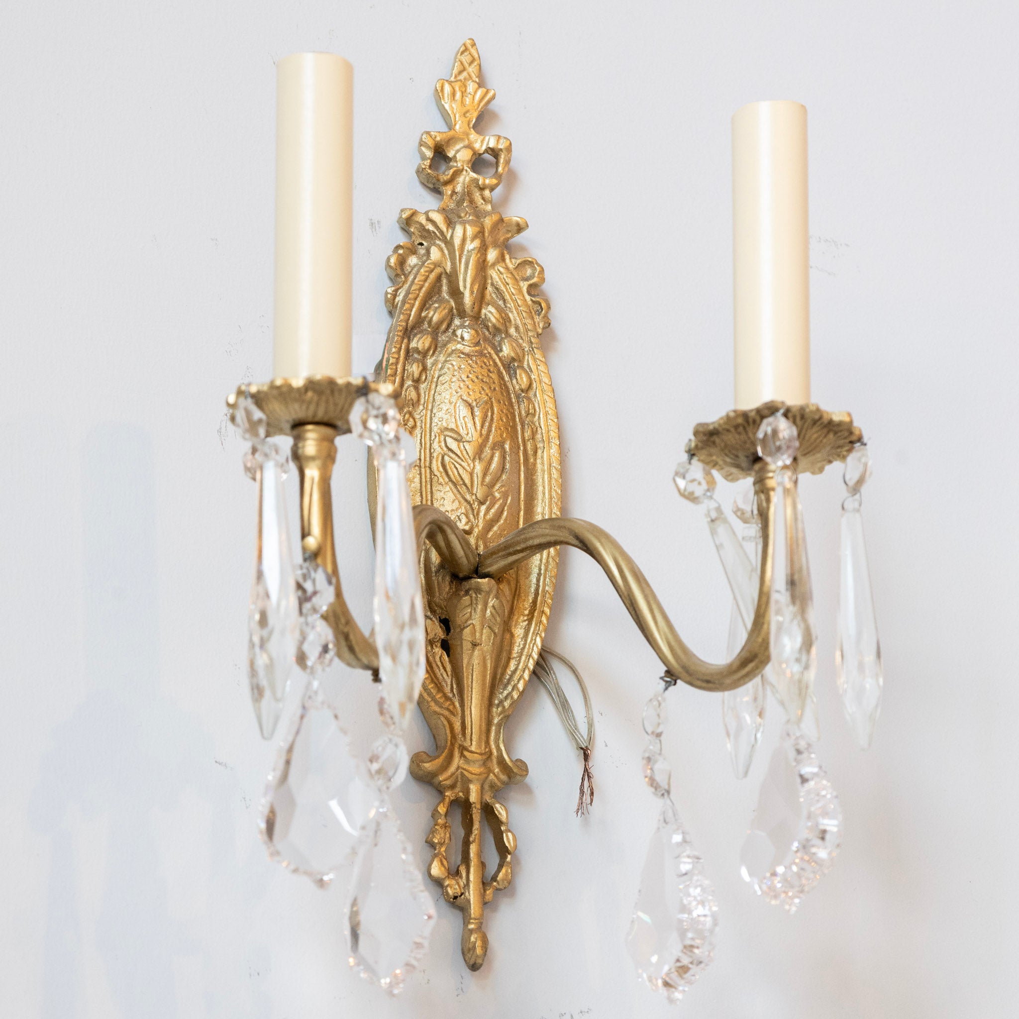 Pair of Petite French Brass Wall Sconces - Oval Backplate & Crystal Dr ...