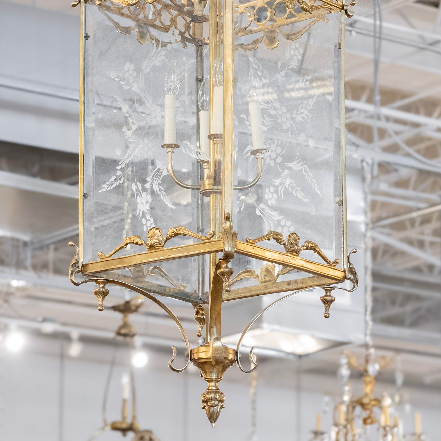 French Lantern Brass Chandelier – Etched Glass & Shell Crest – Le Chateau