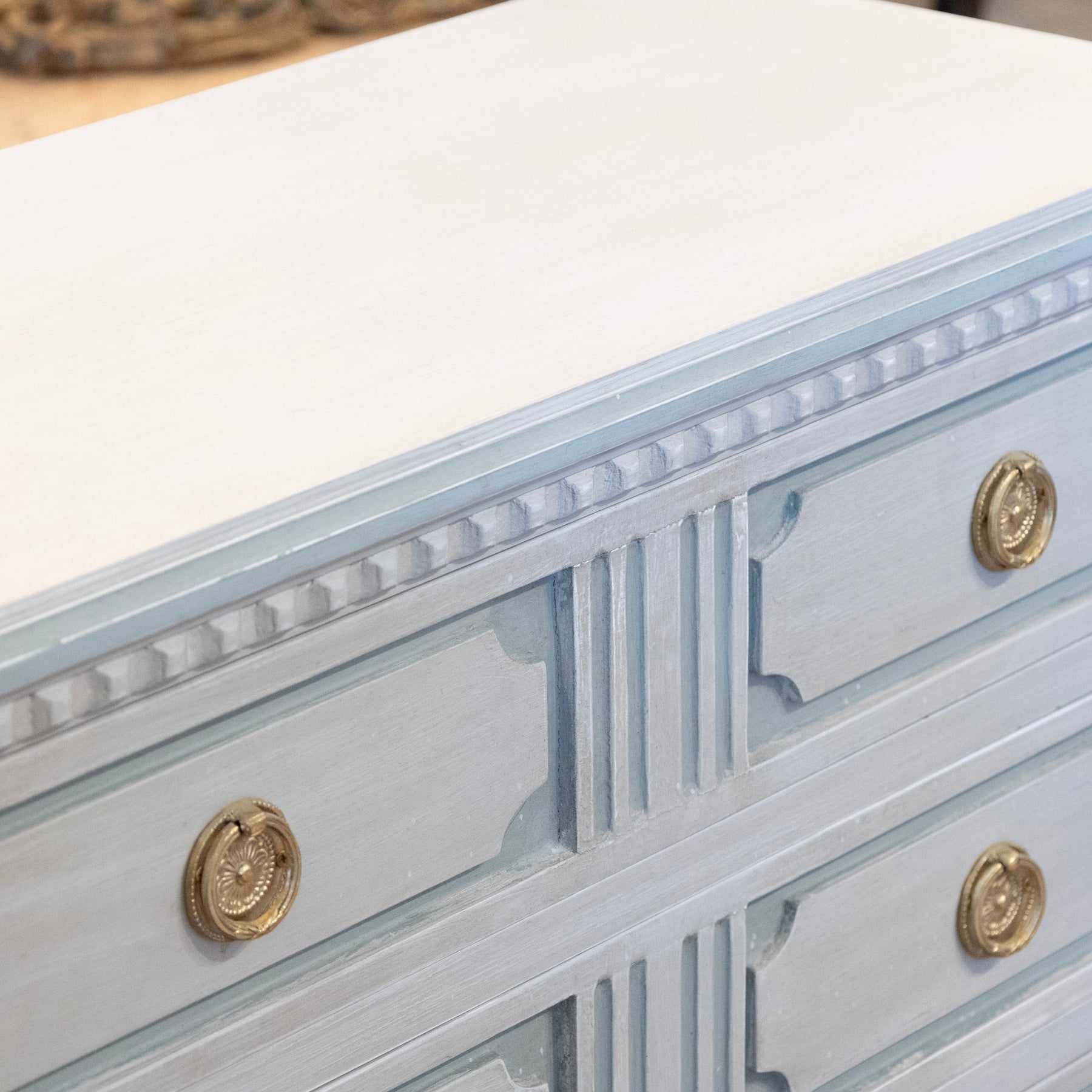 Swedish 3-Drawer Chest – Tall Legs with Fluted Trim in Blue & Grey – Le ...