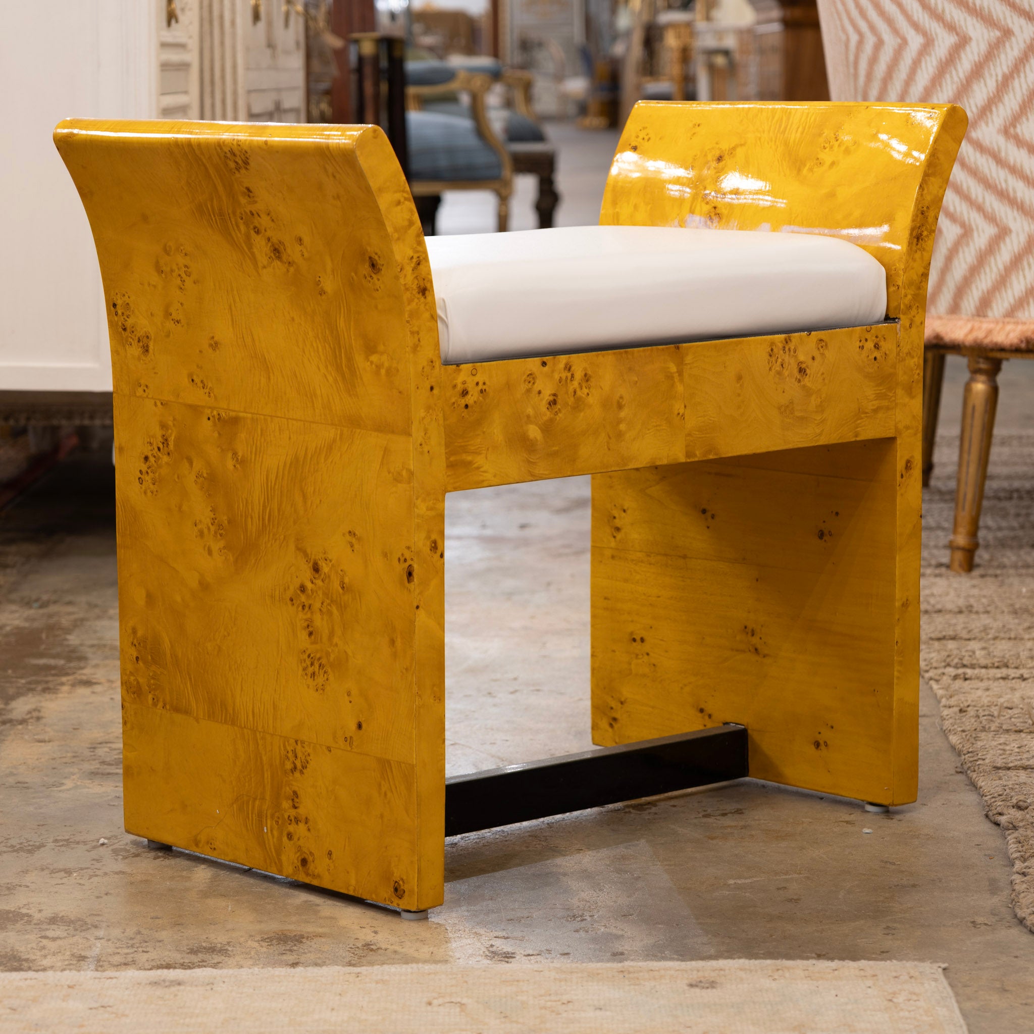 Art Deco Burl Wood Stool – Tall Curved Sides & White Leather Upholster ...