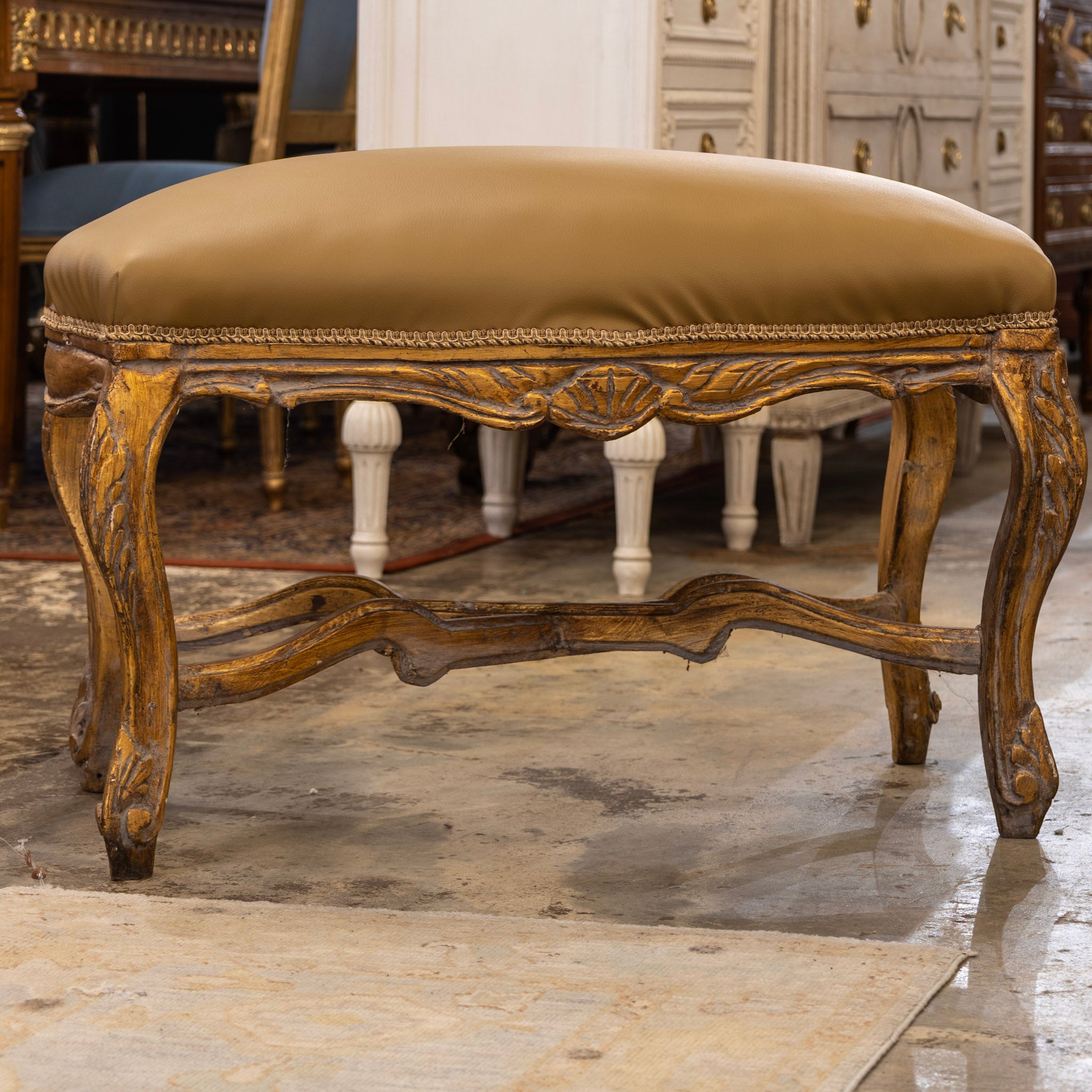 Louis XV Bench – Cabriole Legs & Leather Olive Upholstery – Le Chateau