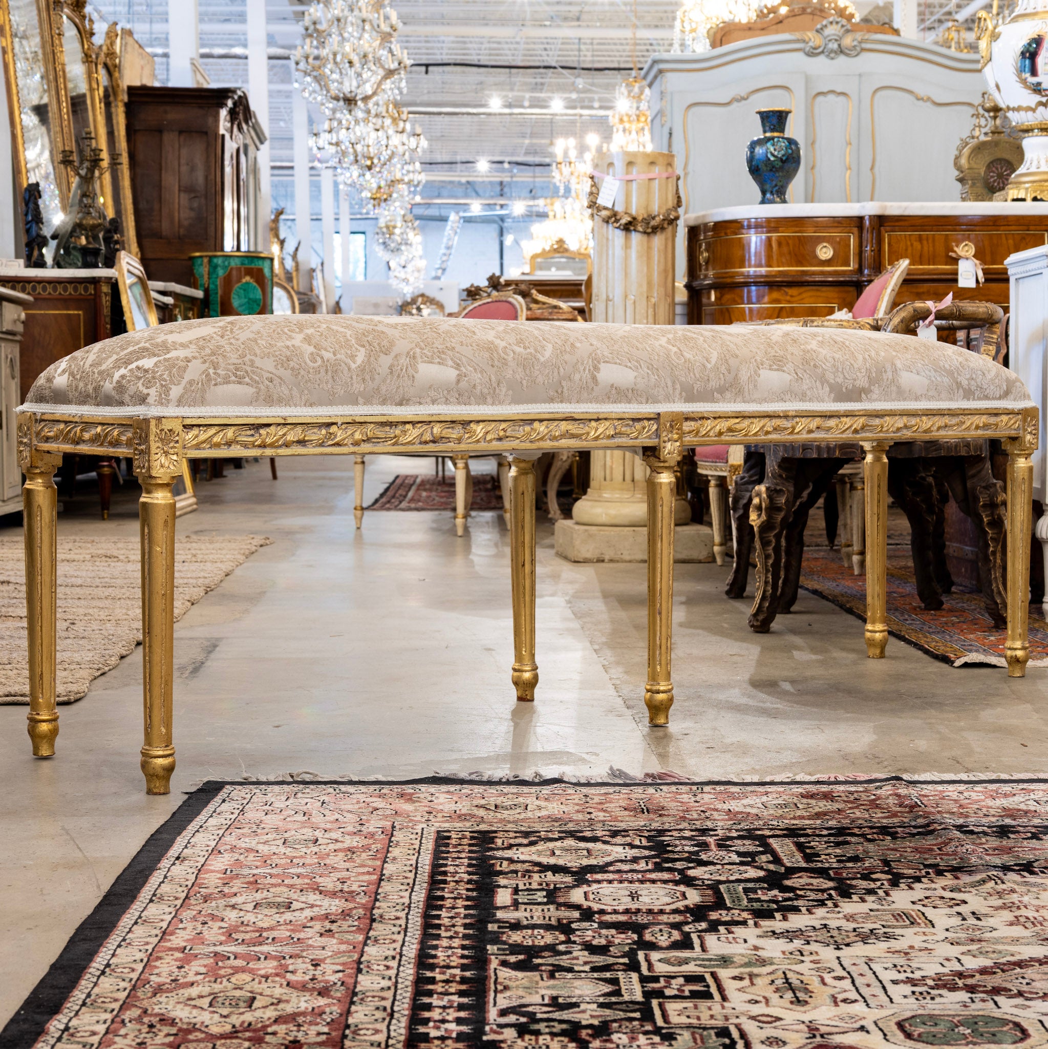 Louis XVI Gilded Bench – Beige Velvet Damask Upholstery – Le Chateau