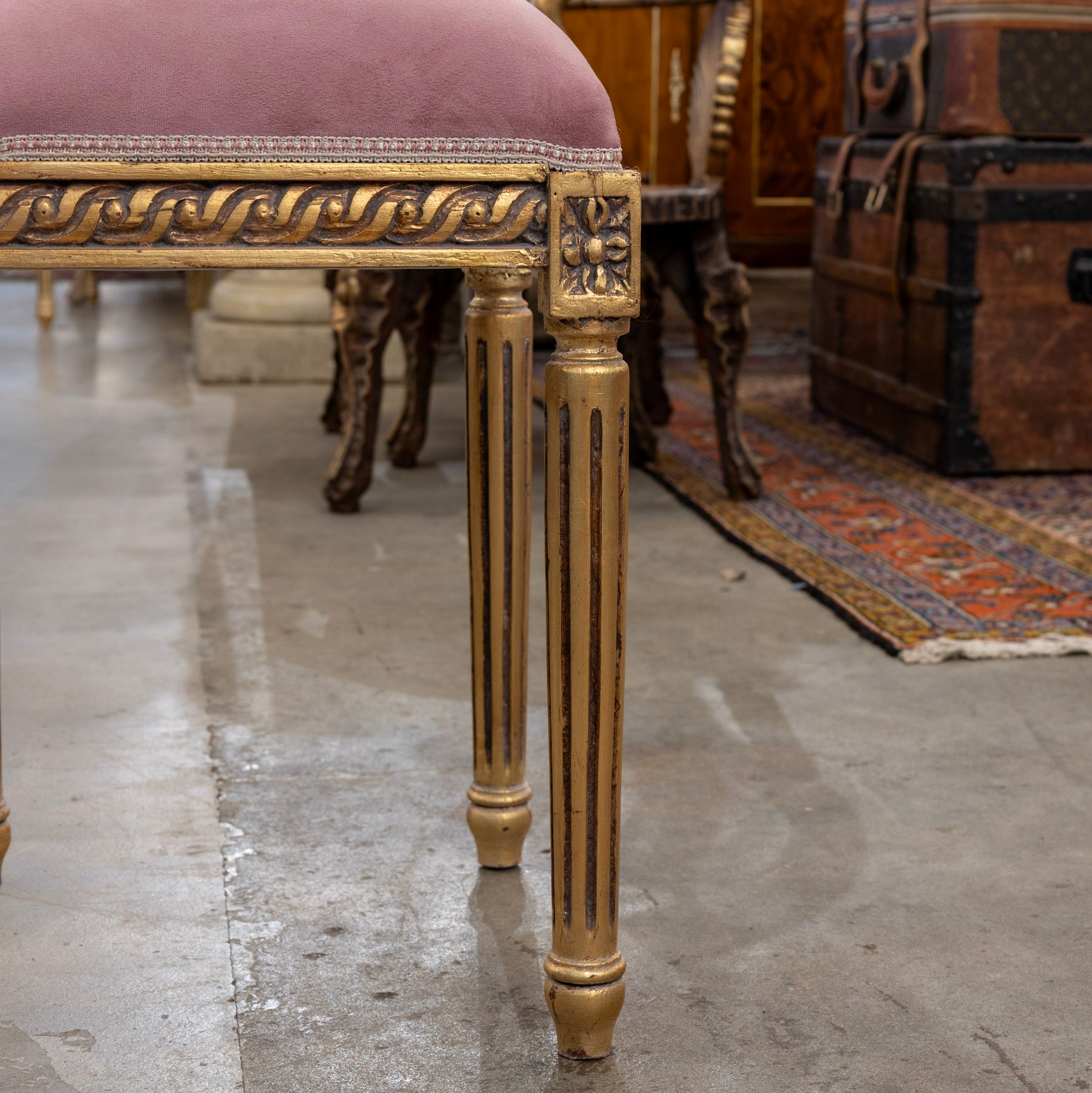 Louis XVI Gilded Square Stool – Pink Velvet Upholstery – Le Chateau
