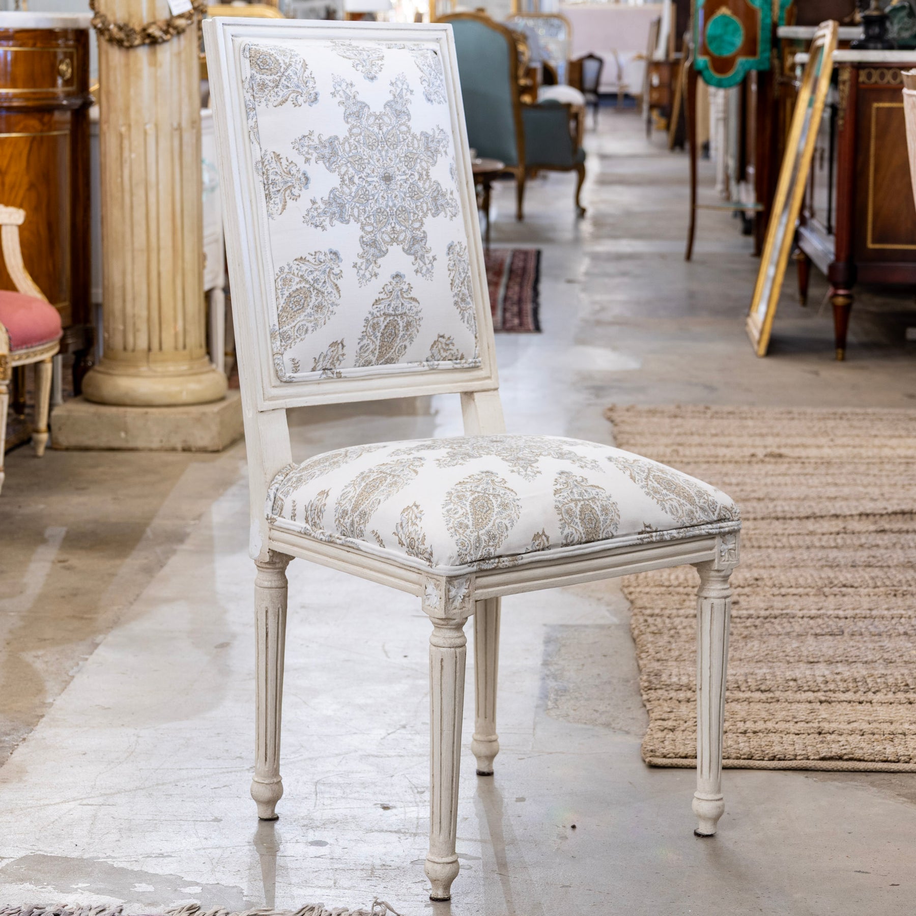Louis XVI Square Dining Chair – White Frame & Paisley Upholstery – Le ...