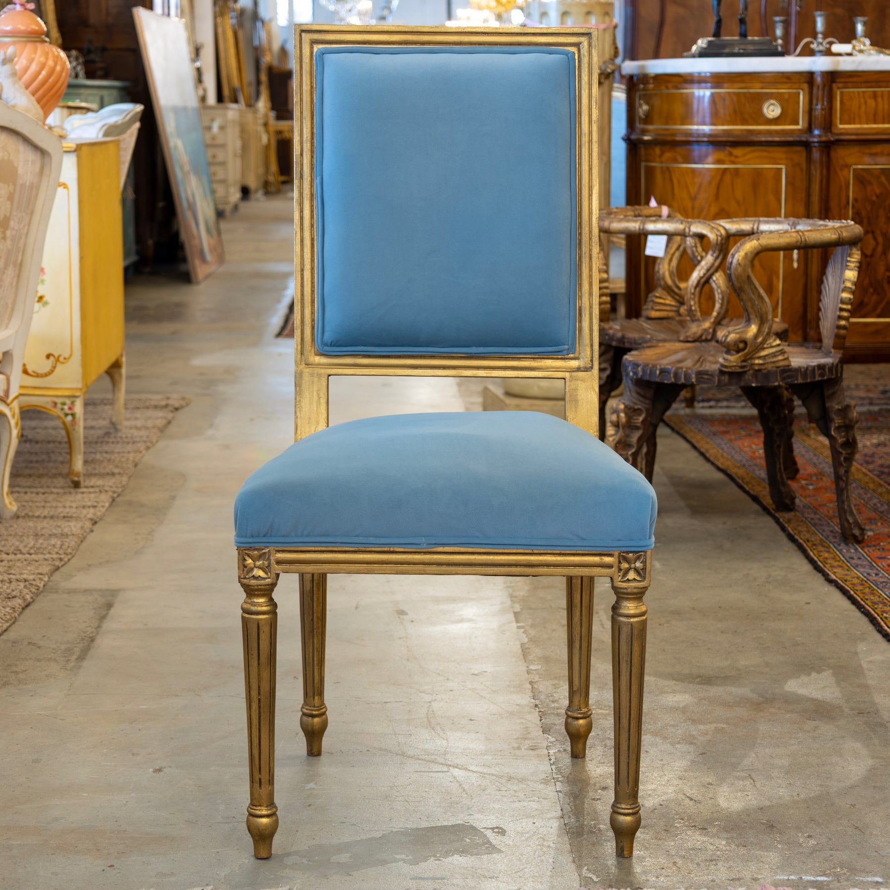 Louis XVI Gilded Square Dining Chair – Blue Velvet Upholstery – Le Chateau