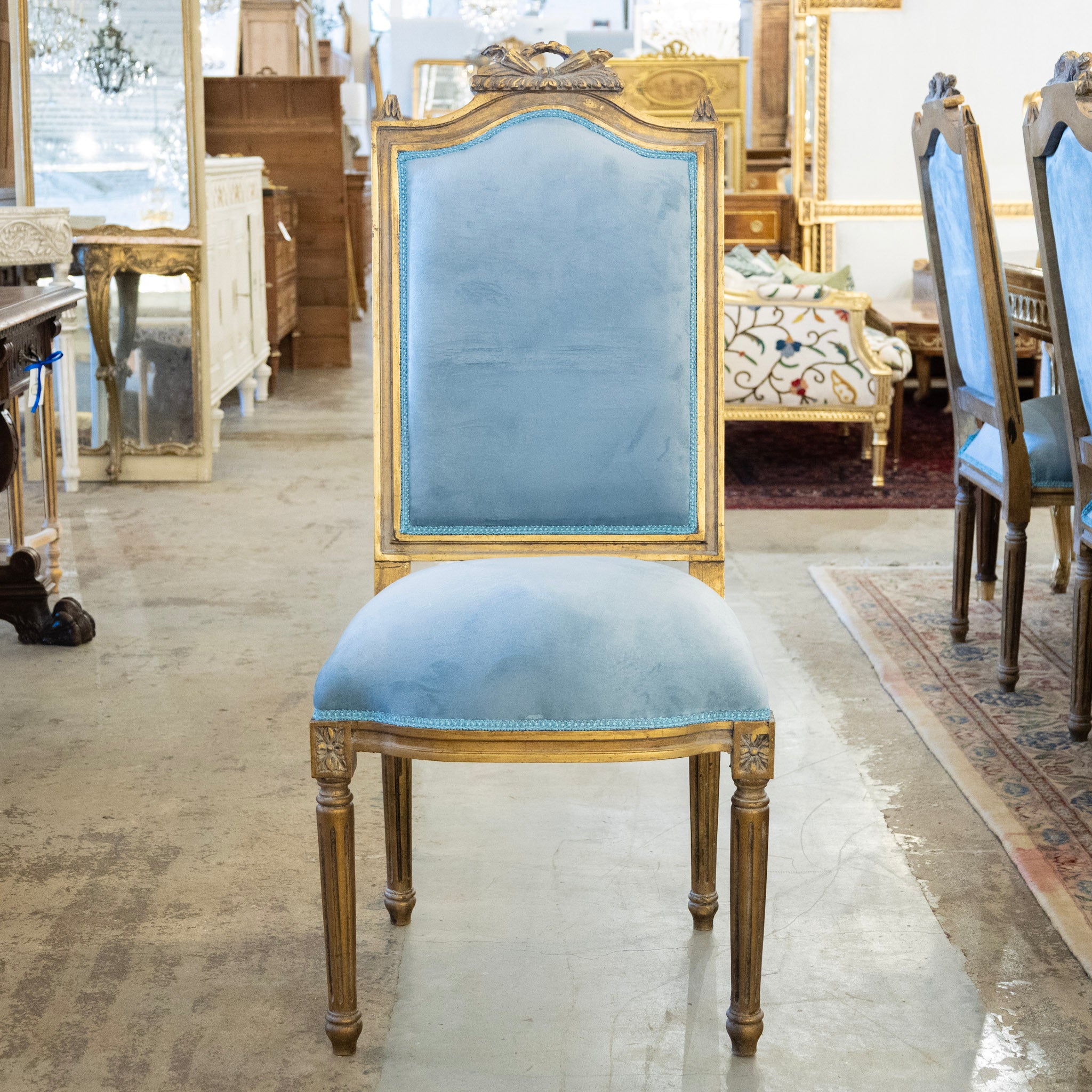 Louis XVI Gilded Square Dining Chair – Carved Crest & Blue Velvet Upho ...