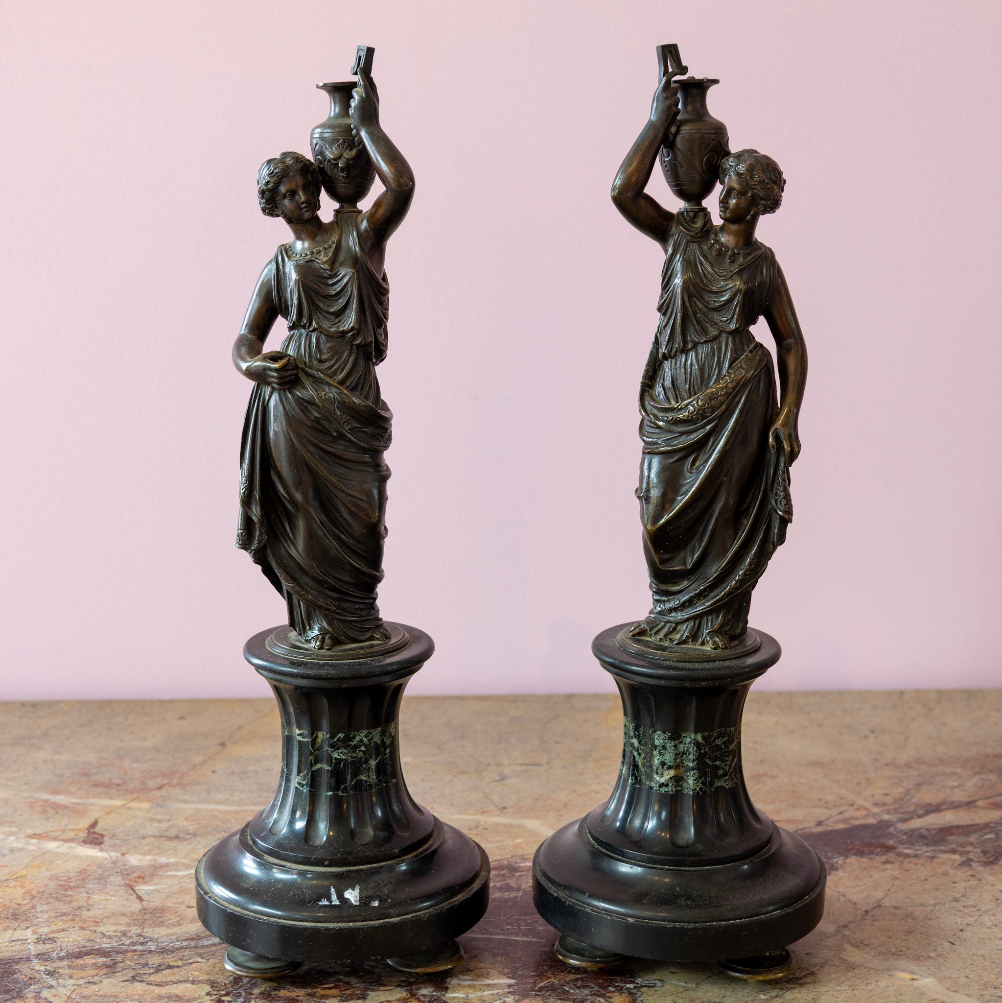 Pair of Neoclassical Statues – Bronze with Marble Base – Le Chateau