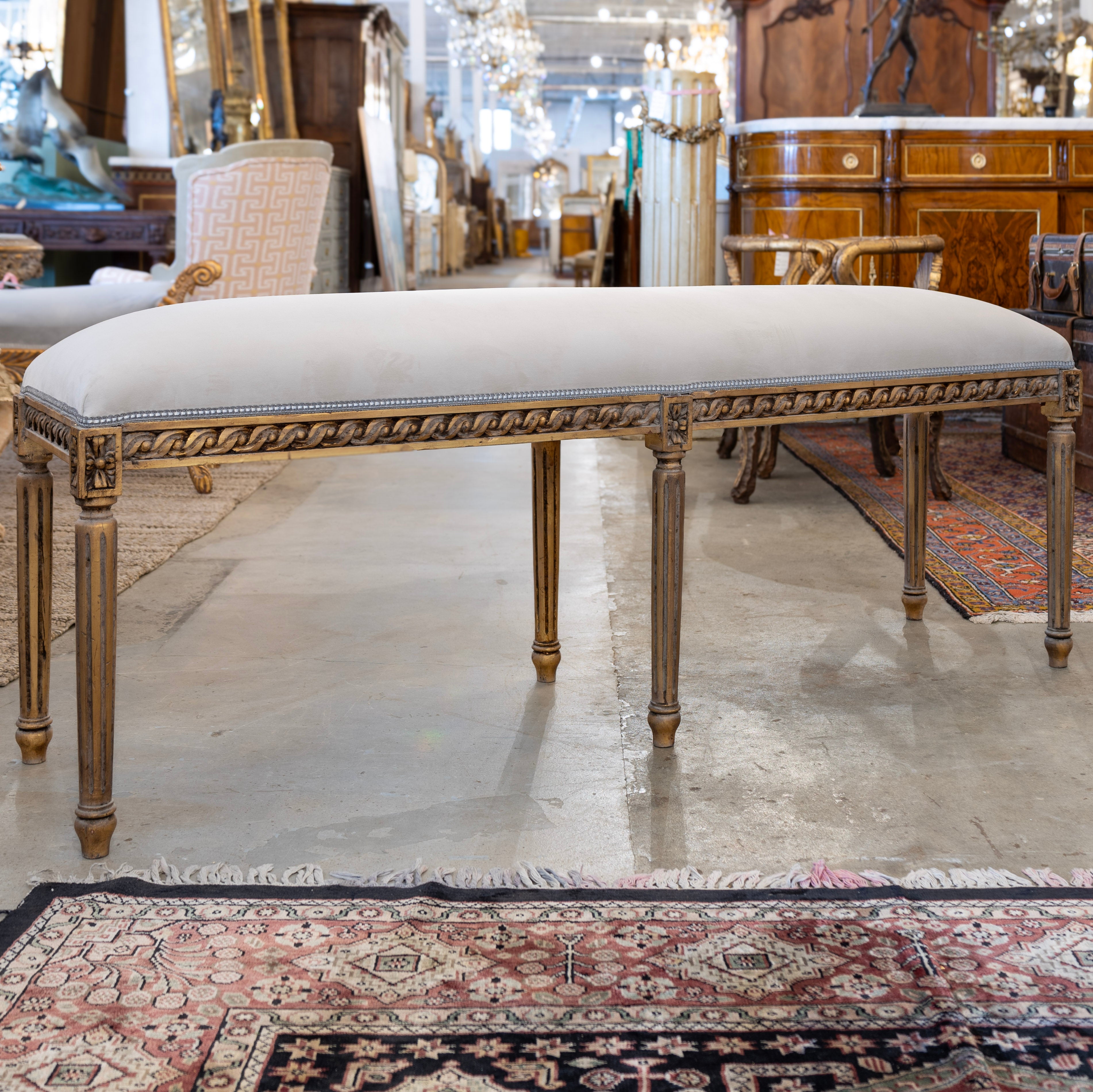 Louis XVI Bench – Carved Rope Trim & Light Grey Velvet Upholstery – Le ...