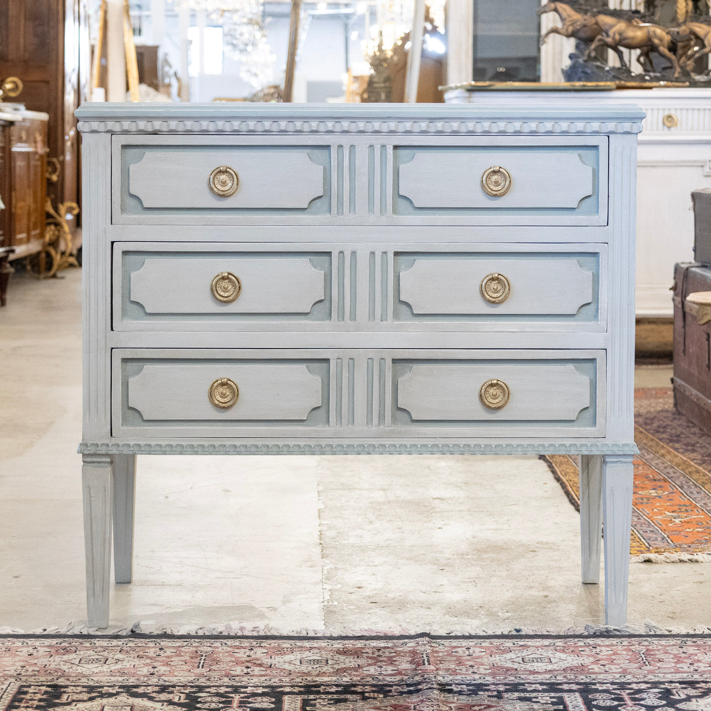 Swedish 3-Drawer Chest – Tall Legs with Fluted Trim in Blue & Grey – Le ...