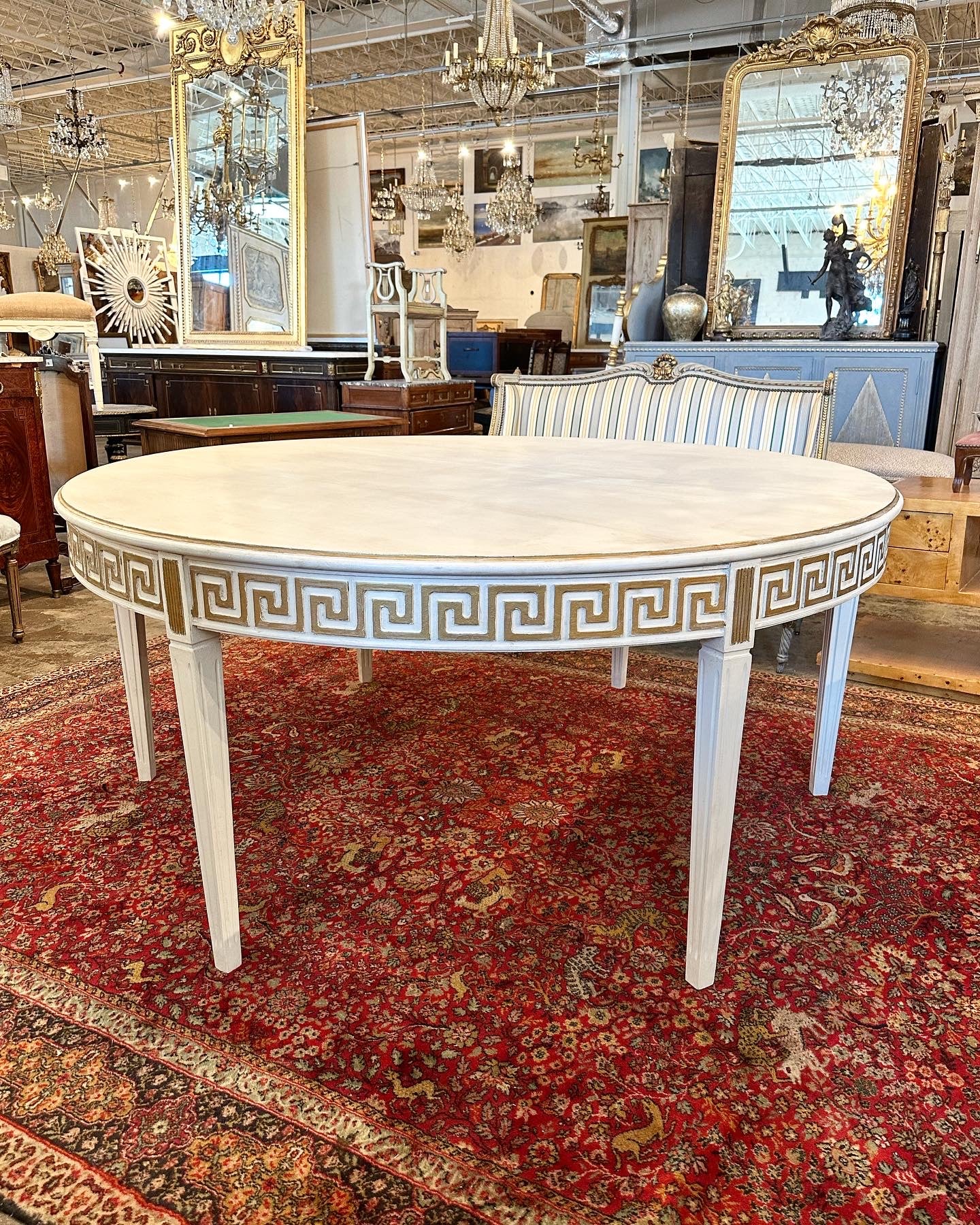 Antique Scandinavian Round Dining Table with Greek Key Trim in White ...