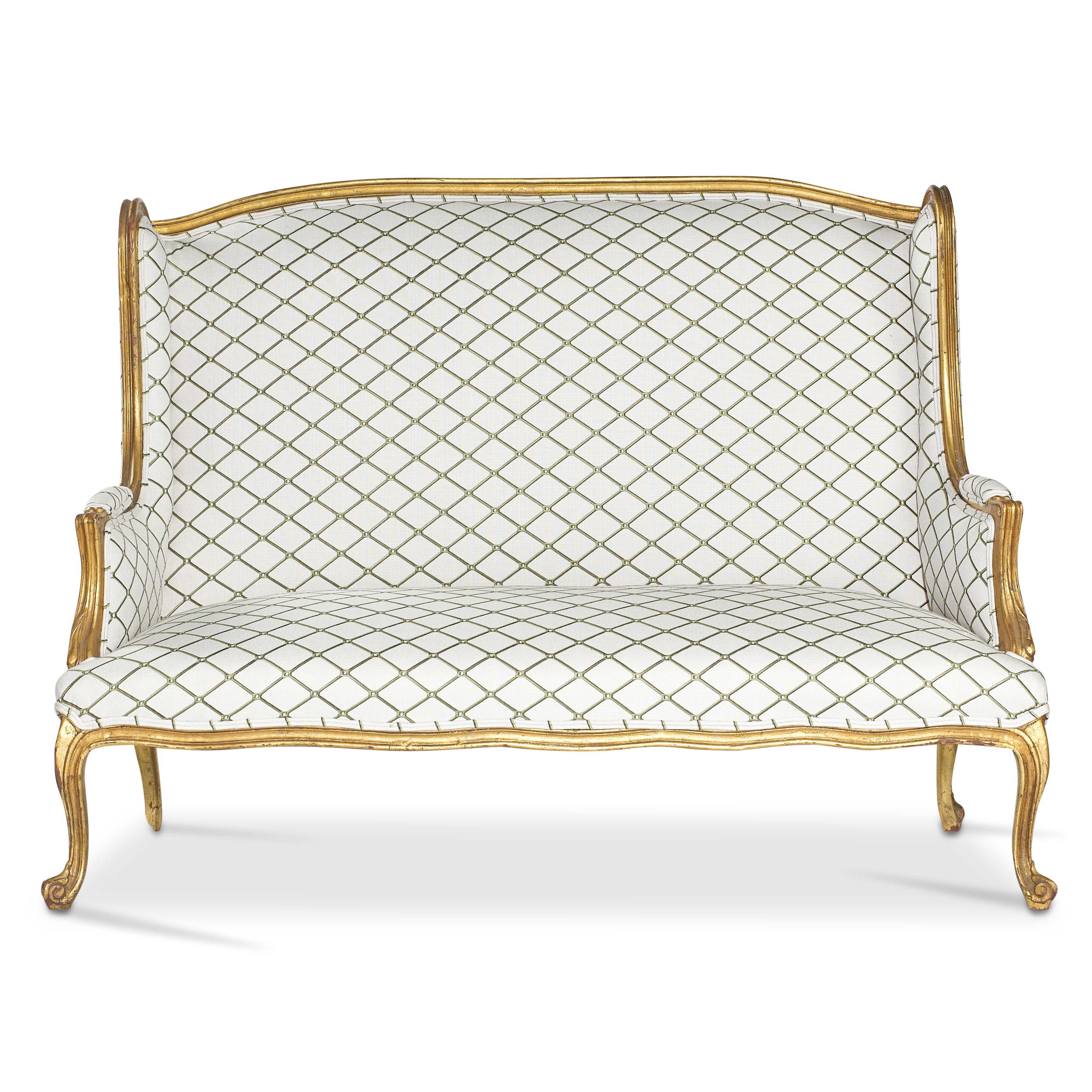 Antique French Wingback Settee with Gilded Frame and White & Green Fab ...